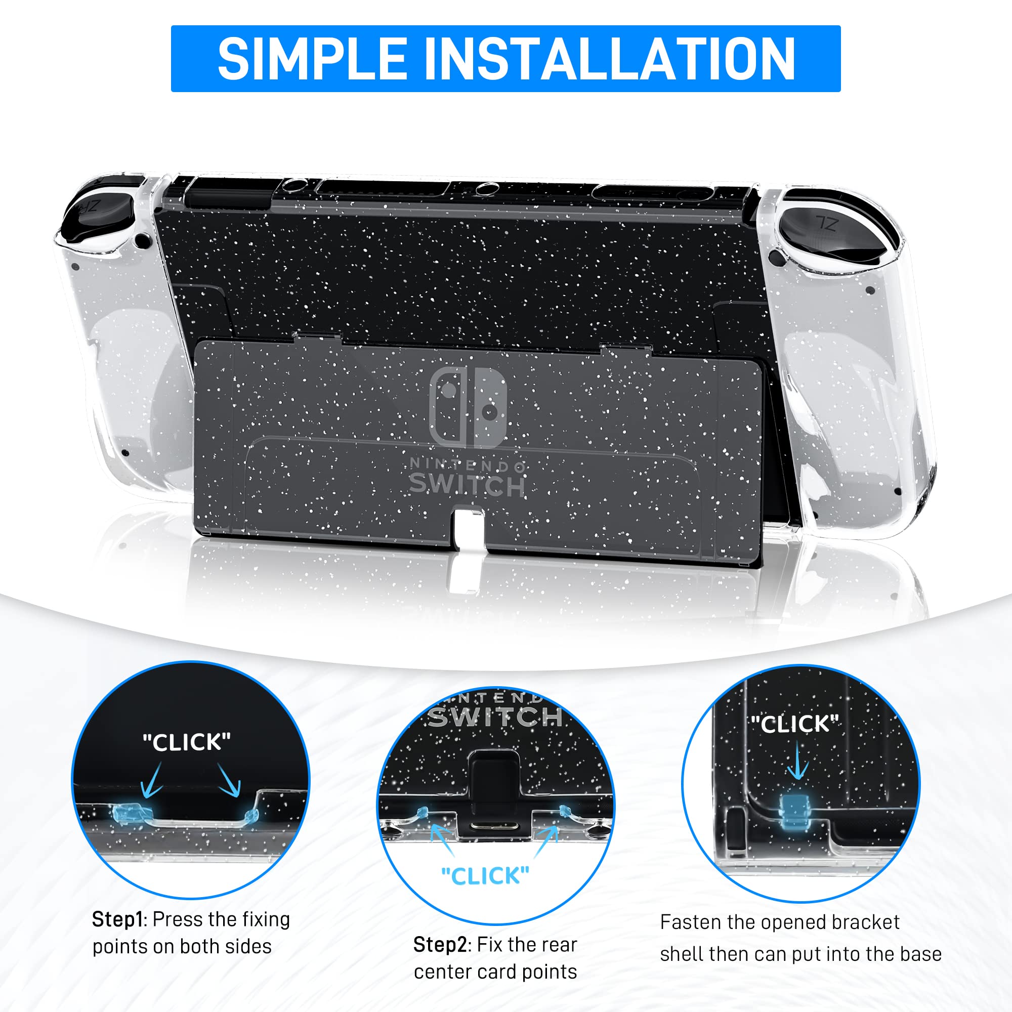 RHOTALL Glitter Protective Case Kit Compatible with Nintendo Switch OLED, Dockable Hard Shell for Switch OLED Console, Soft Cover for Joycon Controller, Case Set with Screen Protector, 12 Thumb Caps