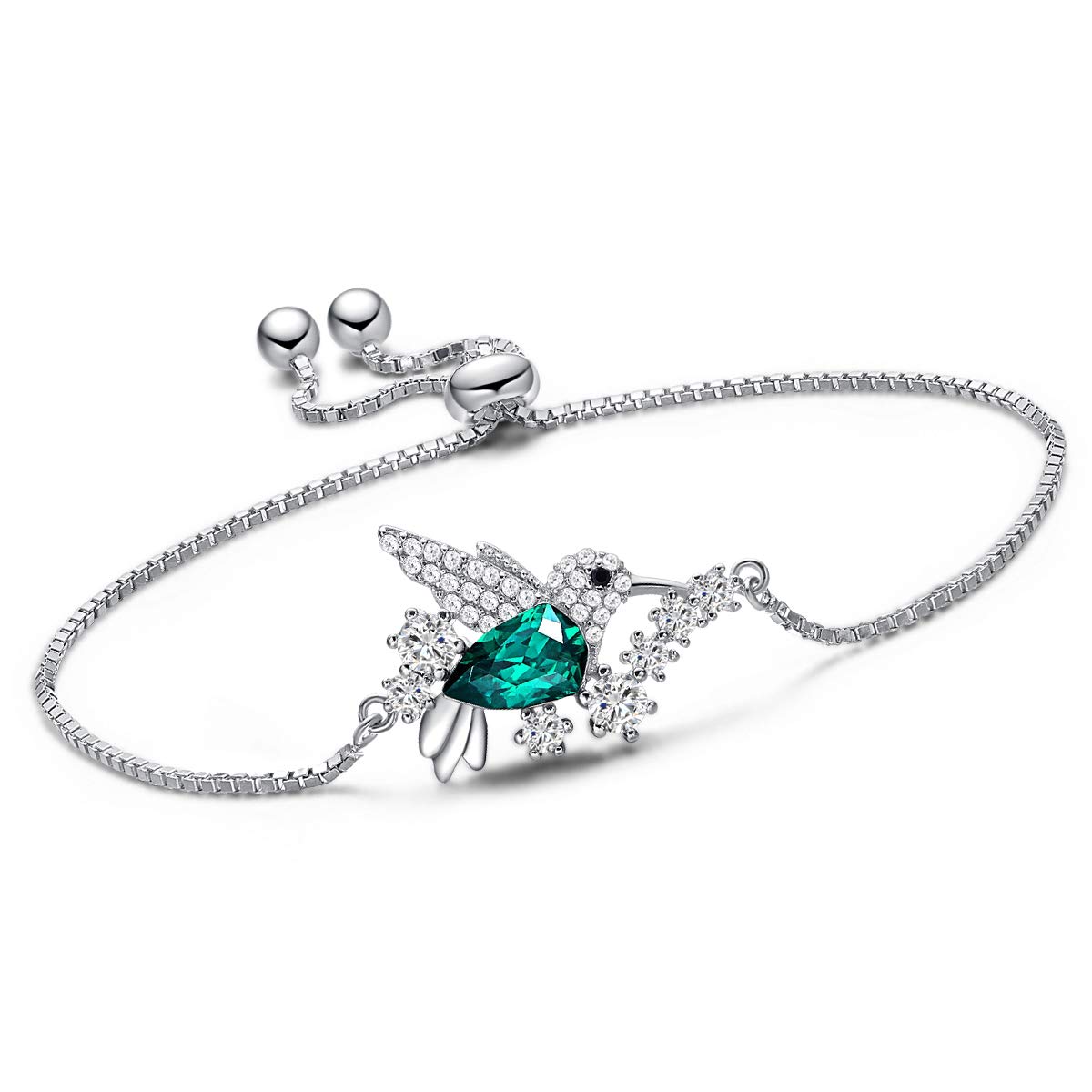 Mayfer S925 adjustable sterling silver bracelet for women with a hummingbird embelished with beautiful crystals