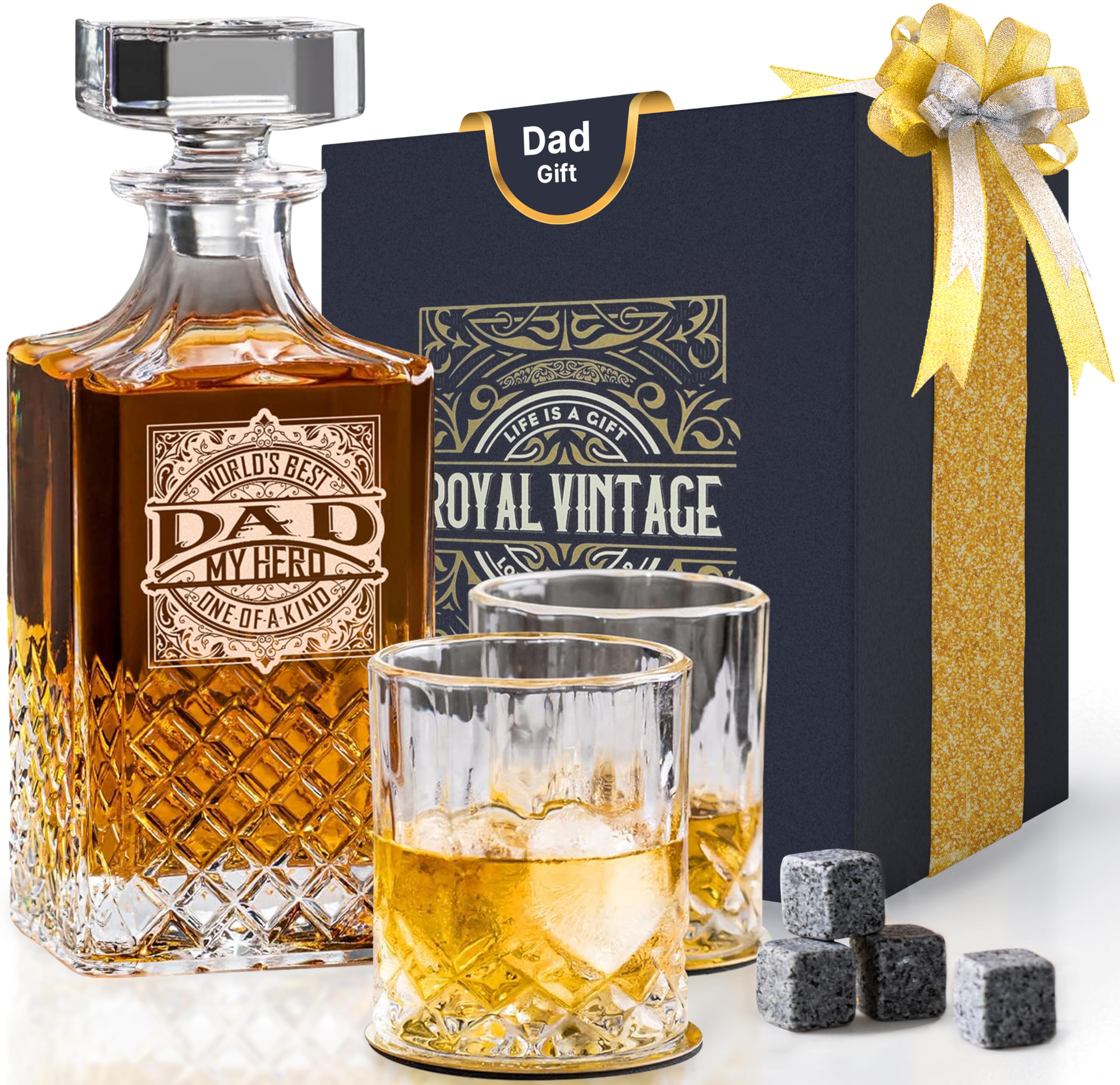 Royal Vintage Dad Birthday Gifts from Daughter, Son | Gift Ideas for Dad Men | Unique Whiskey Decanter Set Gift with 2 Glasses for Father | Best Personalized Father's Day Presents