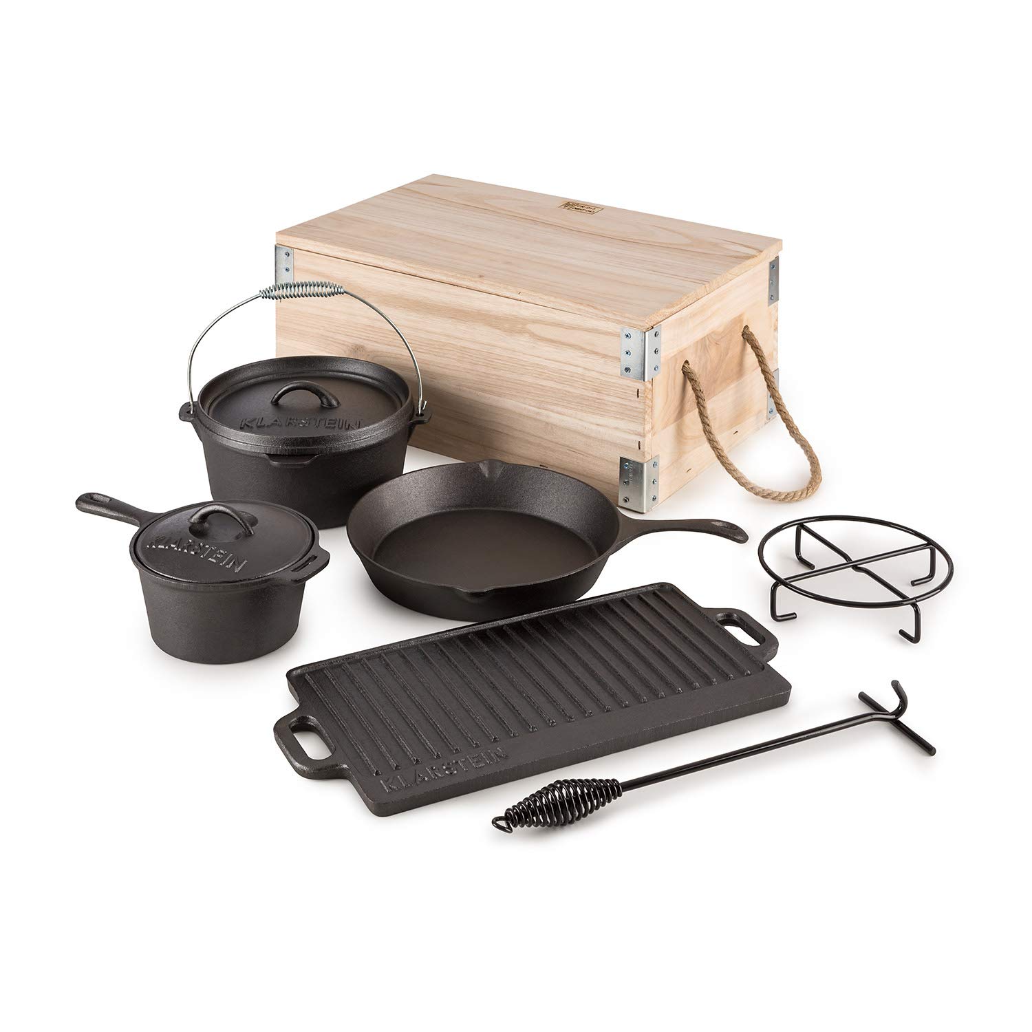 KLARSTEIN Hotrod Masterplan Dutch Oven Set, 7-Piece Cast Iron Pot Set for BBQ, Cooking, Serving, Frying, Baking, Open Fire, Extra-High Lid Rim, Includes Wooden Transport Box, Easy Handling