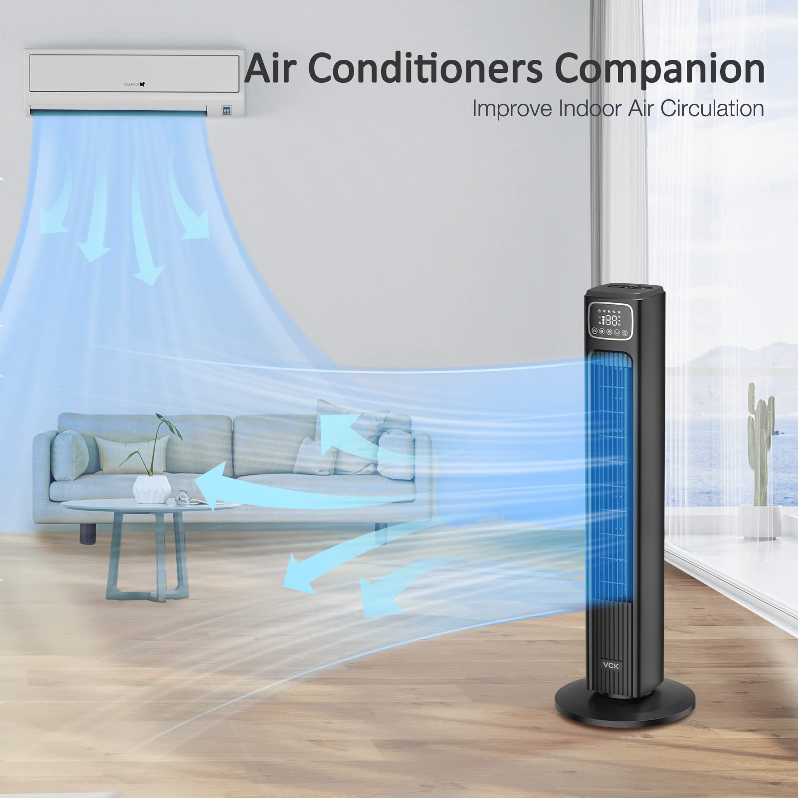 VCK 36-Inch Tower Fan, 80° Oscillating Fans with Remote | 3 Speeds, 4 Modes | Standing Bladeless Floor Fan LED Display with Auto-Off | 12H Timer | Quiet Cooling Fan for Bedroom Home Office