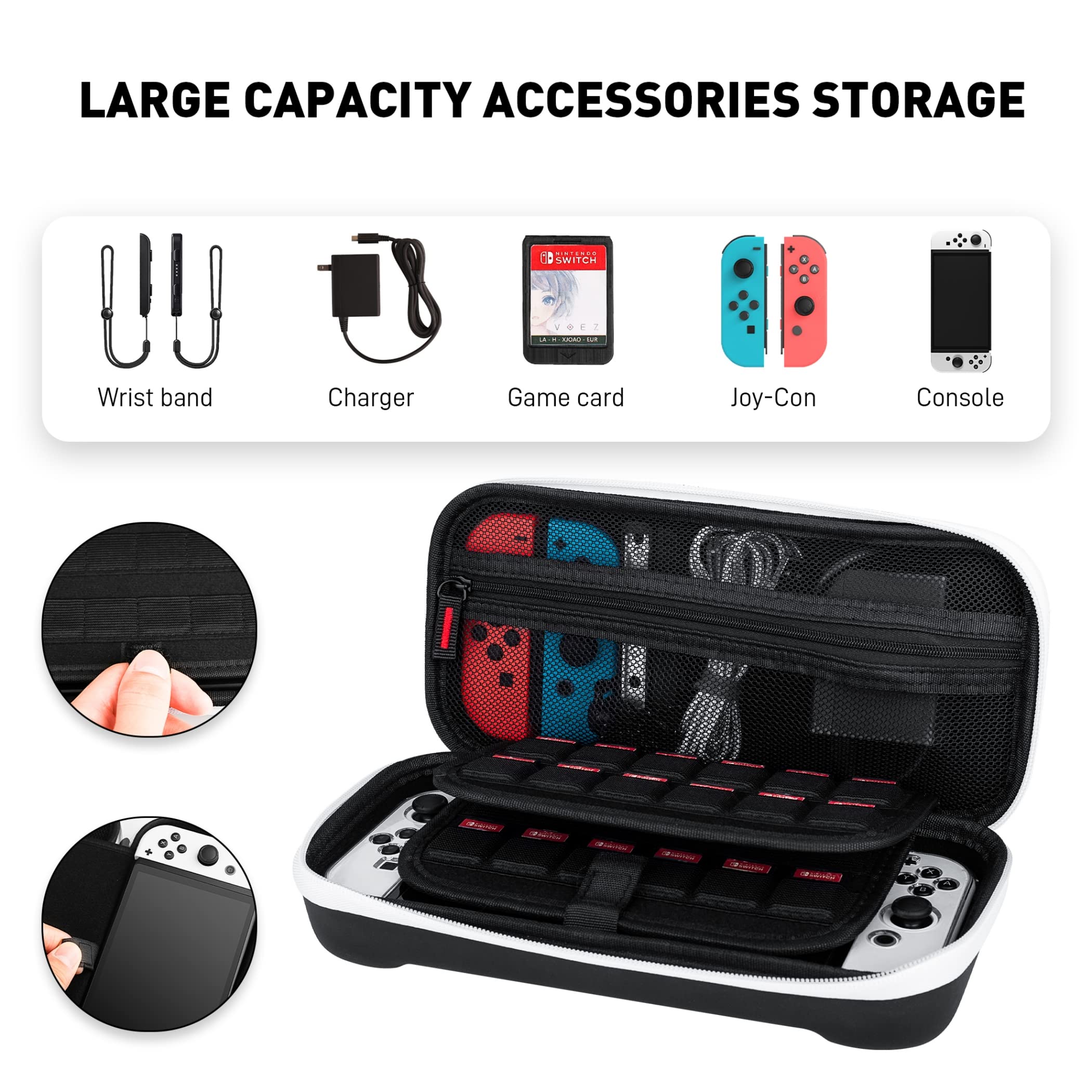 RHOTALL High Capacity Carrying Case Set Compatible with Nintendo Switch OLED, Portable Travel Bag Accessories Storage Case for Switch OLED with Protective Case, 2 Screen Protector and 8 Thumb Caps