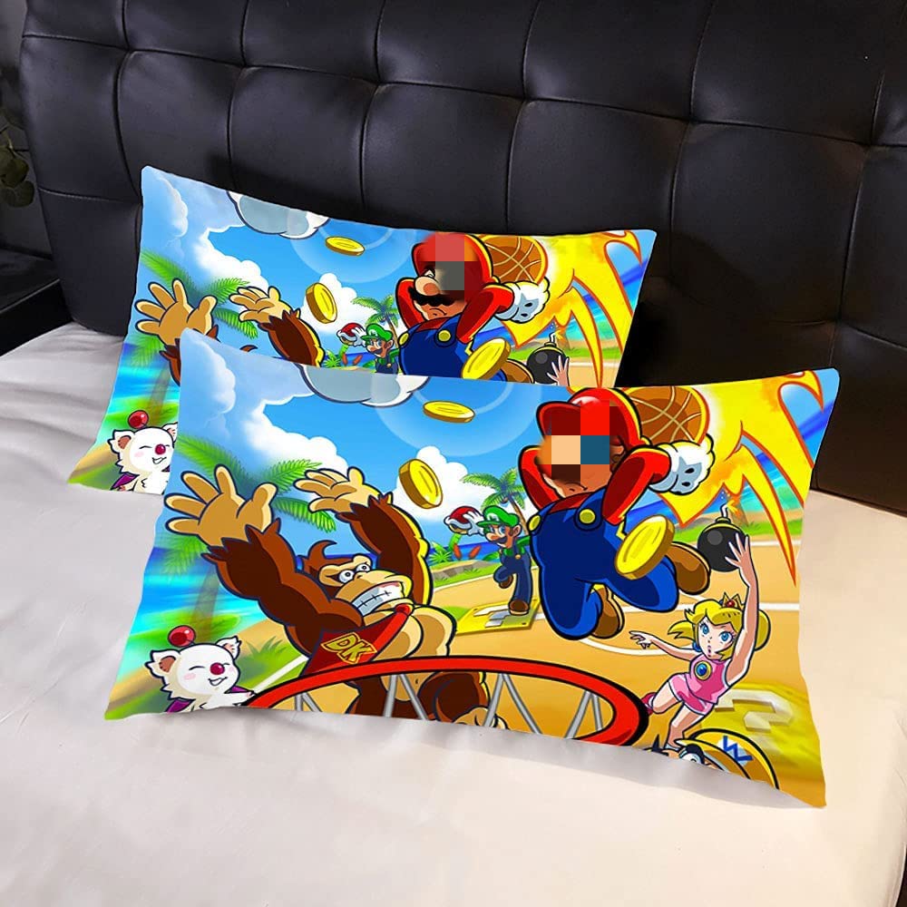 LARIAU Cartoon Duvet Cover,Game Characters Super Bros 3D Print Bedding Queen 3 Piece Sets for Kids Boys, Lightweight Soft Microfiber Quilt Set with Matching Pillowcase Ma2