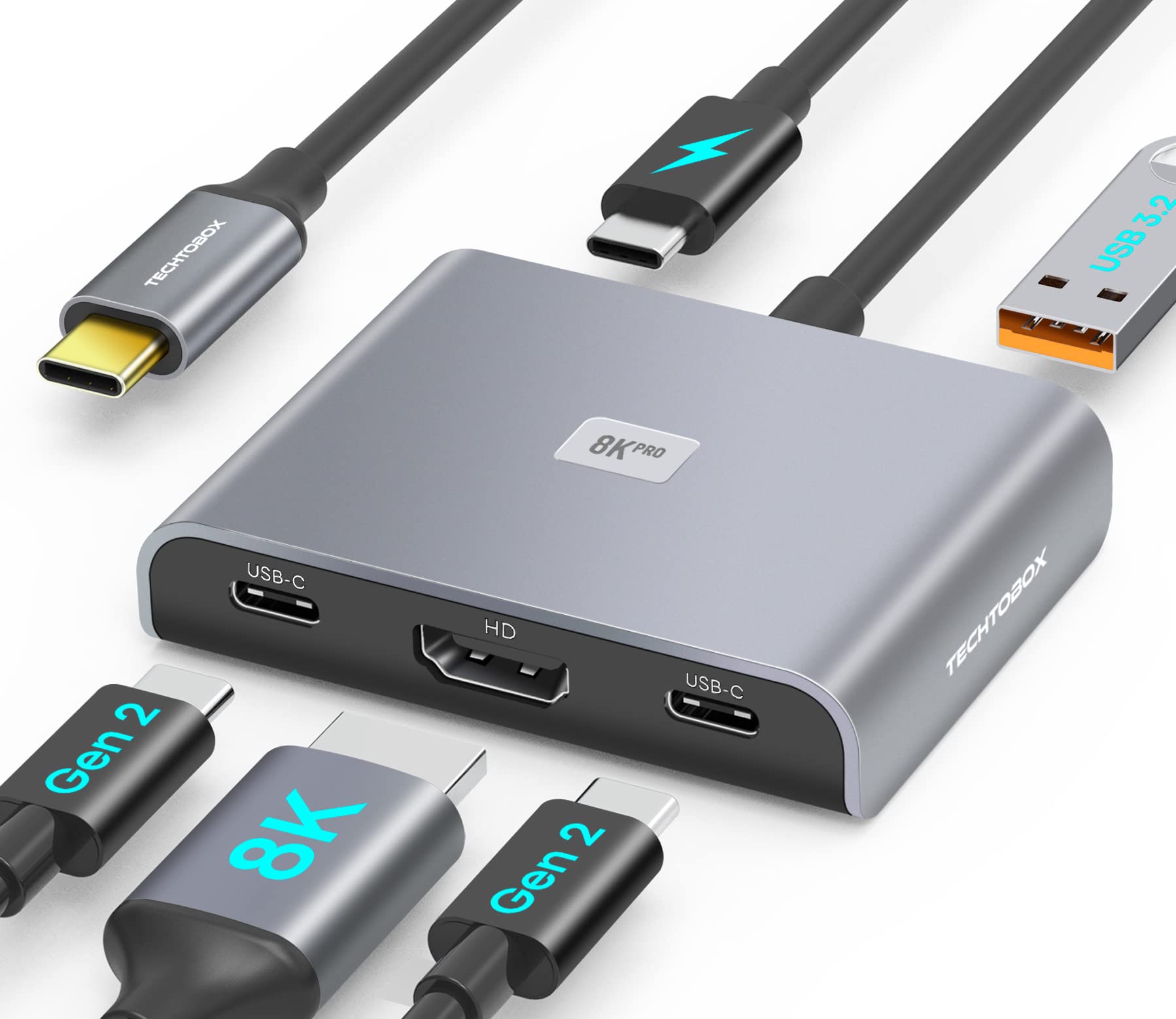 TECHTOBOX USB-C Hub with 8K HDMI Port,2 USB-C Gen2 and USB 3.1 10Gbps Data Port,100W PD,5-in-1 USB Type C Hub Multiport Adapter for MacBook Pro/Air,iPad,Surface Pro,Chromebook and More