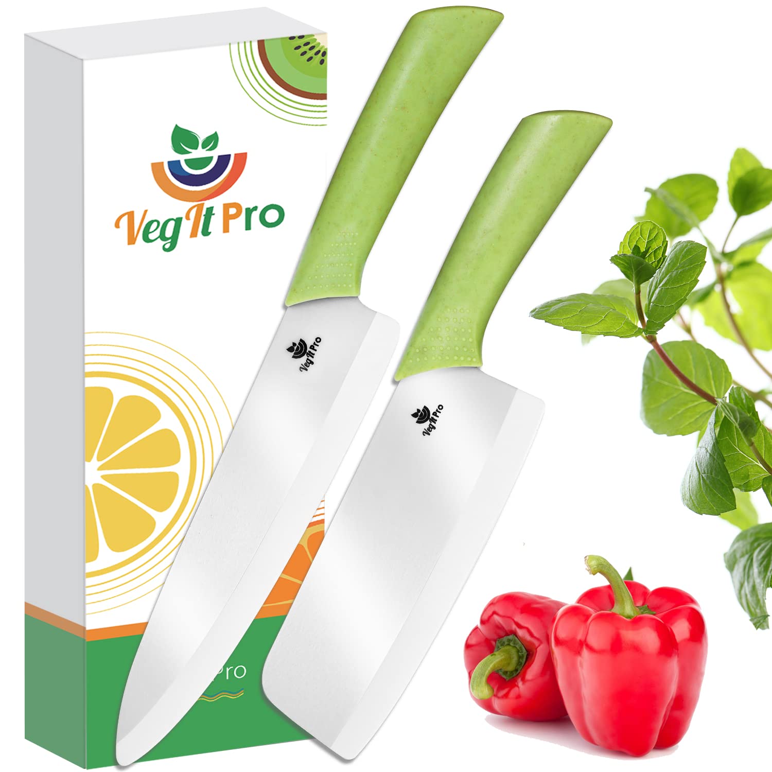 VegItPro 8" + 6.5" Vegetable Ceramic Blade Knives + Ceramic Knives for Cutting Lettuce + Vegetarian and Vegan Knife Set + Blade Protection Included