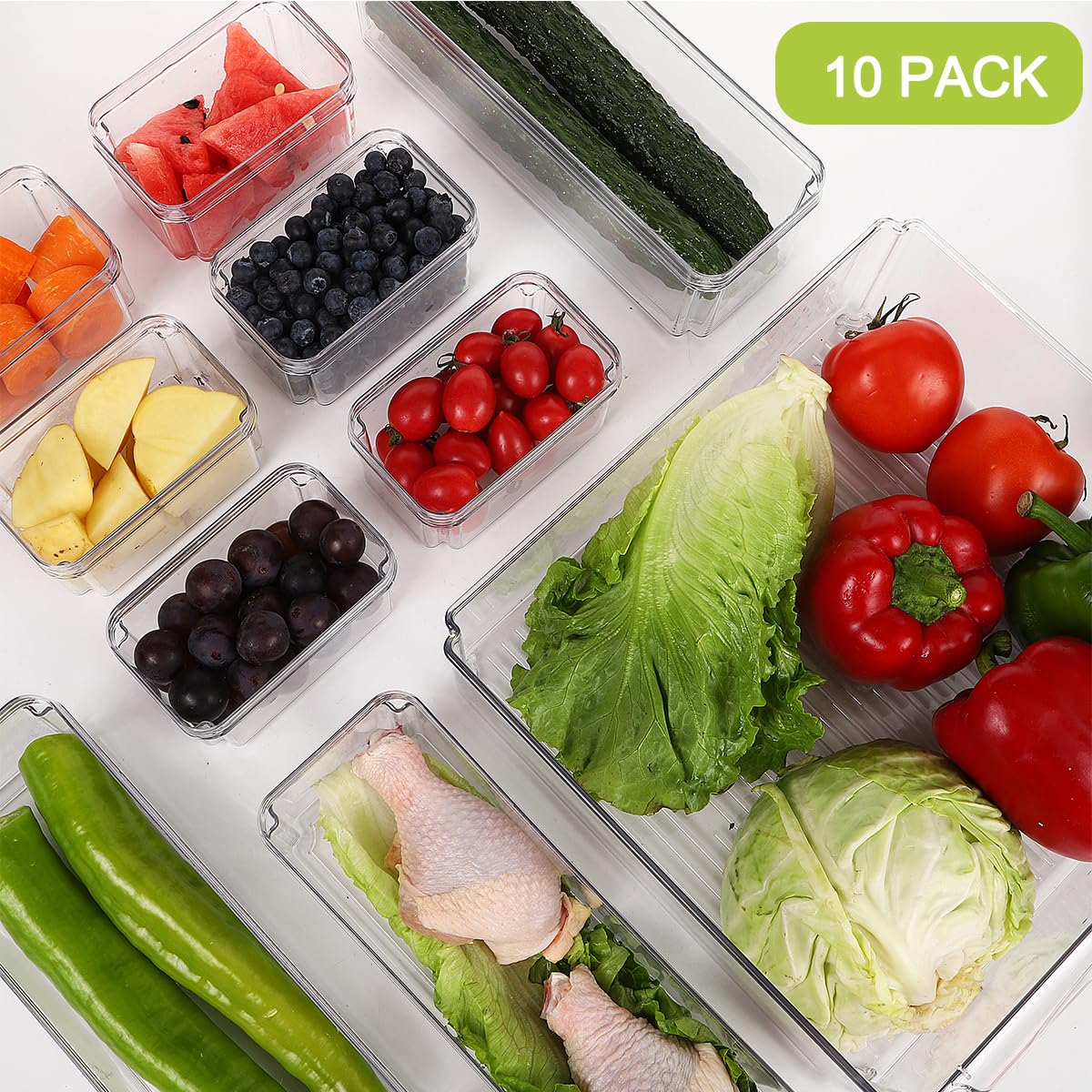 JUMAIPRO Refrigerator Organizer Bins with Lids, 10 Pack Stackable Fridge Organization, Clear Plastic Pantry Food Storage Bins, Vegetable Fruit Storage Containers for Kitchen, Cabinets, Fridge