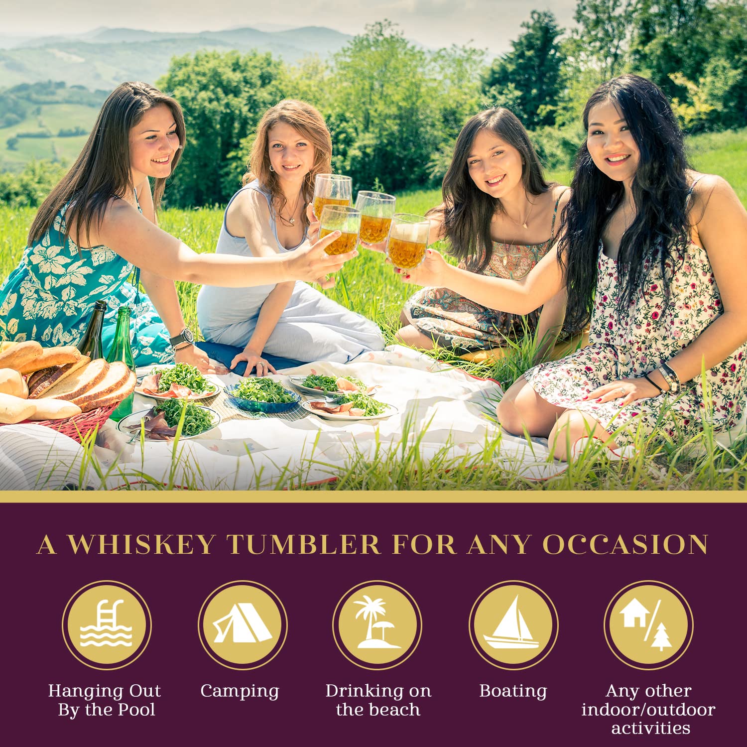 Plastic Stemless Wine Glasses Set of 6 β Indoor, Outdoor Acrylic Wine Glasses - Unbreakable, Shatterproof Plastic Whiskey Glasses for Beaches, Camps & More β Reusable, Non-Toxic Travel Wine Glass
