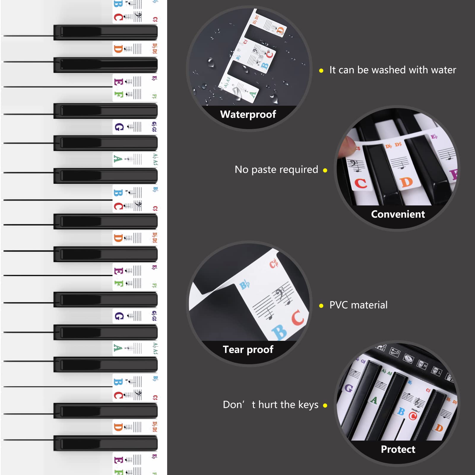 Piano Keyboard Stickers for 88/61/54/49/37 Key, Piano Rake Key Labels Overlay Removable for Beginners Kids, Multicolor (PVC)