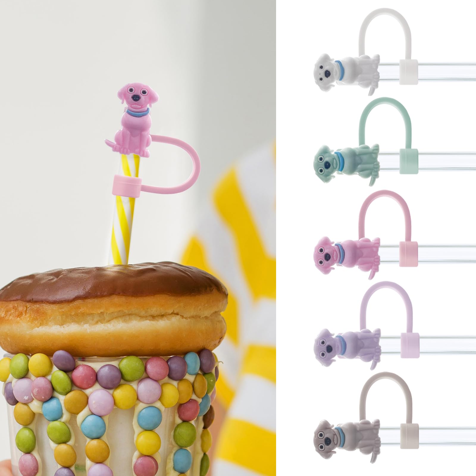 Velaco 5Pcs 0.4in/10mm Diameter Silicone Straw Covers Cap Compatible with Stanley 20 30&40 Oz Cup, Cute Dog Straw Toppers for Stanley 40 Oz Tumbler with Handle, Dust-Proof Straw Caps for Water Bottle