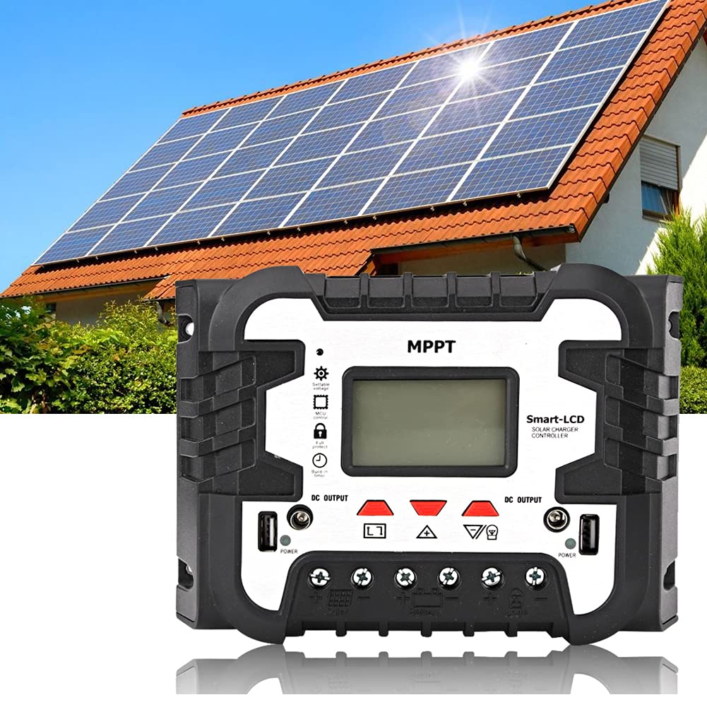 MPPT Solar Charge Controller, 30A/50A/80A Solar Charger Controller MPPT Dual USB LCD Display 2.4A 12V24V IP32 Waterproof Solar Panel Battery Intelligent Regulator(80A)