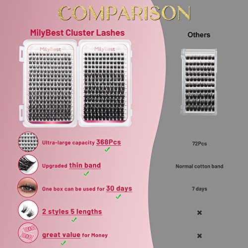 MilyBest 368 Pcs Cluster Lashes 8-16mm C Curl DIY Lashes Cluster Lash Bond and Seal Cluster Waterproof Individual Lashes Glue