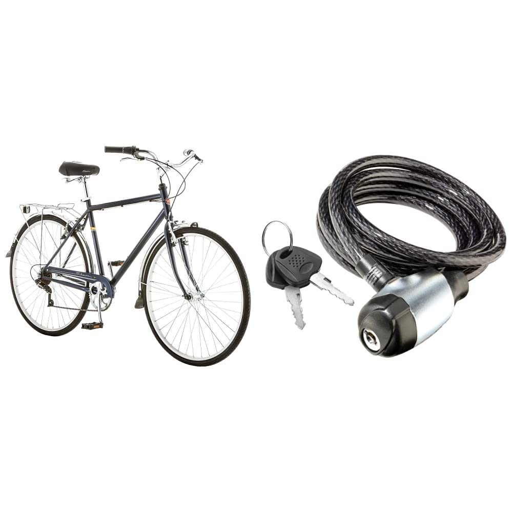 Schwinn Wayfarer Adult Bike Hybrid Retro-Styled Cruiser, 18-Inch/Medium Steel Step-Over Frame, 700C Wheels, Blue & Anti Theft Bike Lock, Security Level 1, Key Lock, 6 Foot