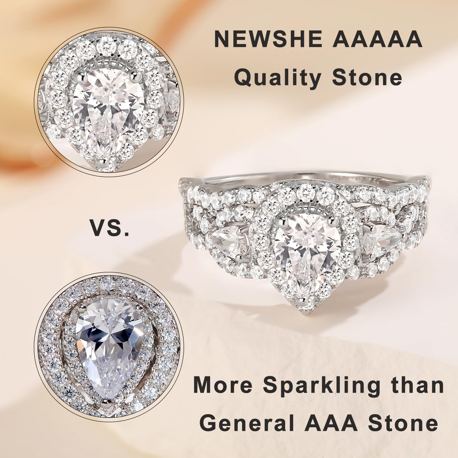 Newshe Jewellery Engagement Wedding Ring Set For Women AAAAA Cz 925 Sterling Silver 2.5ct Pear Shape White Size 7