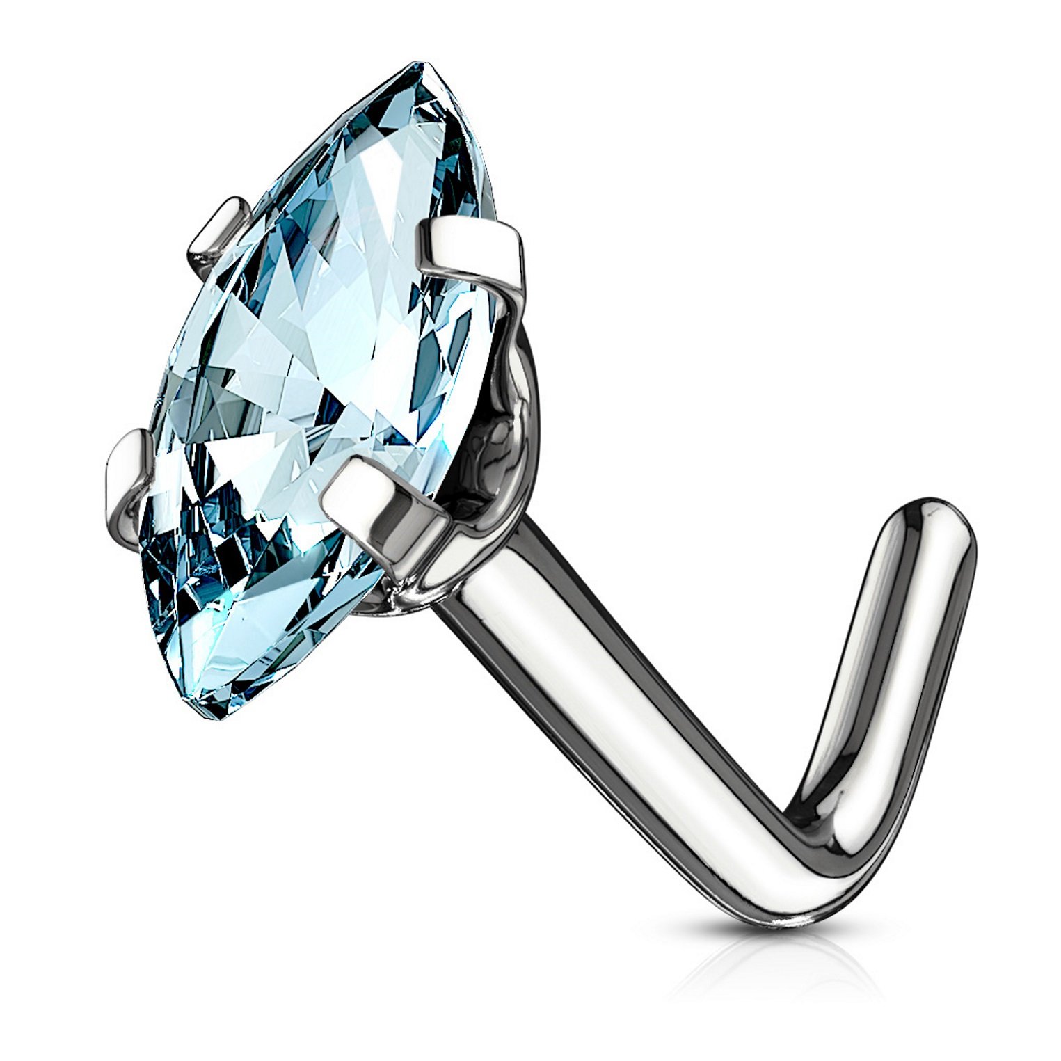 Marquise CZ Top L-Shaped Steel Nose Ring Stud (20 Gauge) (Aqua)