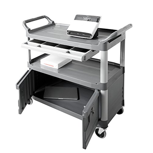 Rubbermaid Commercial Xtra Instrument and Rolling Utility Cart, Gray, with Drawer and Cabinet, for Service Restaurant Hospitality 300 lbs