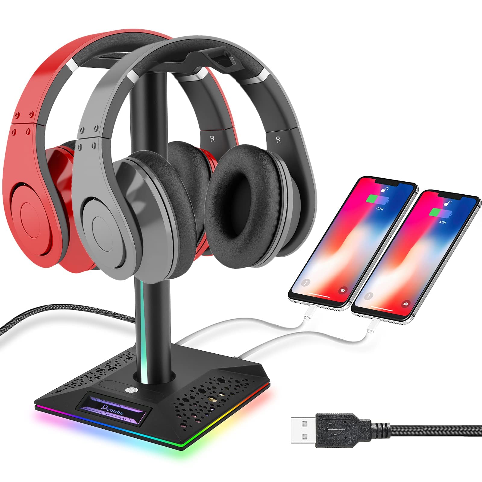Mignor 2 in 1 RGB Gaming Headphone Stand with 2 USB Charging 3.5MM 9 Modes Touch Control, Dual Headset Holder for DJ Desktop Gamers Earphone Accessories