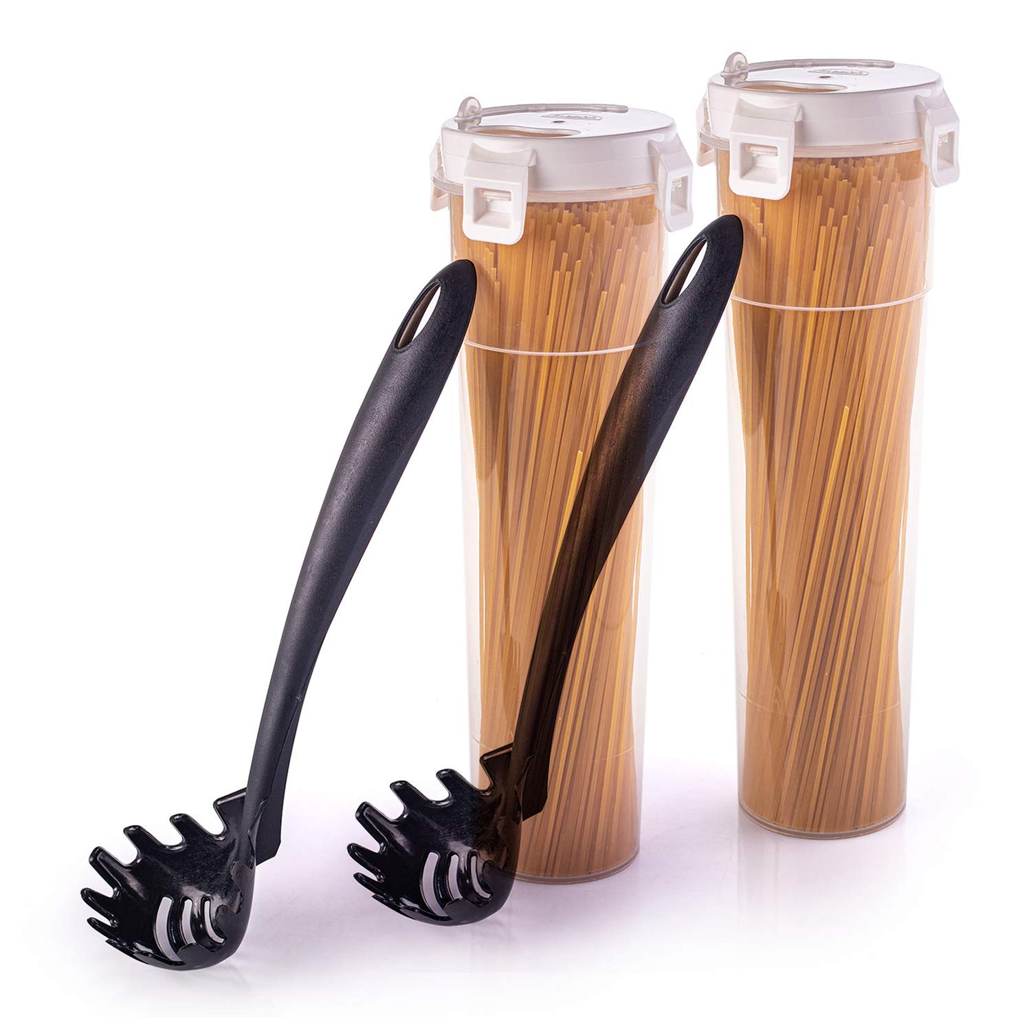 Plasutil Set of 2 Airtight Spaghetti Pasta Container, Cylinder Shaped Noodle Container + 2 Kitchen Supply Spaghetti Server for Kitchen Pantry Organization and Storage