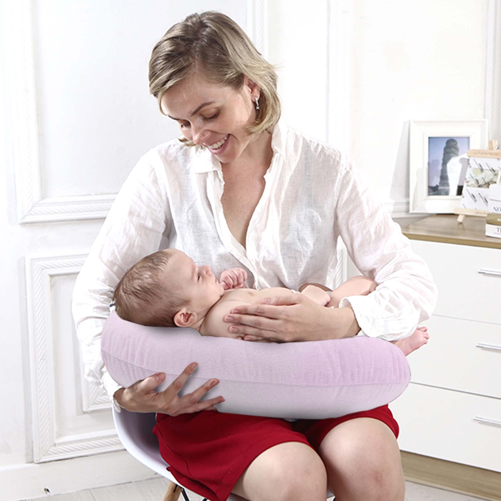 LAT Waterproof Nursing Pillow and Positioner, Breastfeeding Pillow for Mom,Newborn Infant Soft Cotton Feeding Cushion for Boys and Girls(Pink)