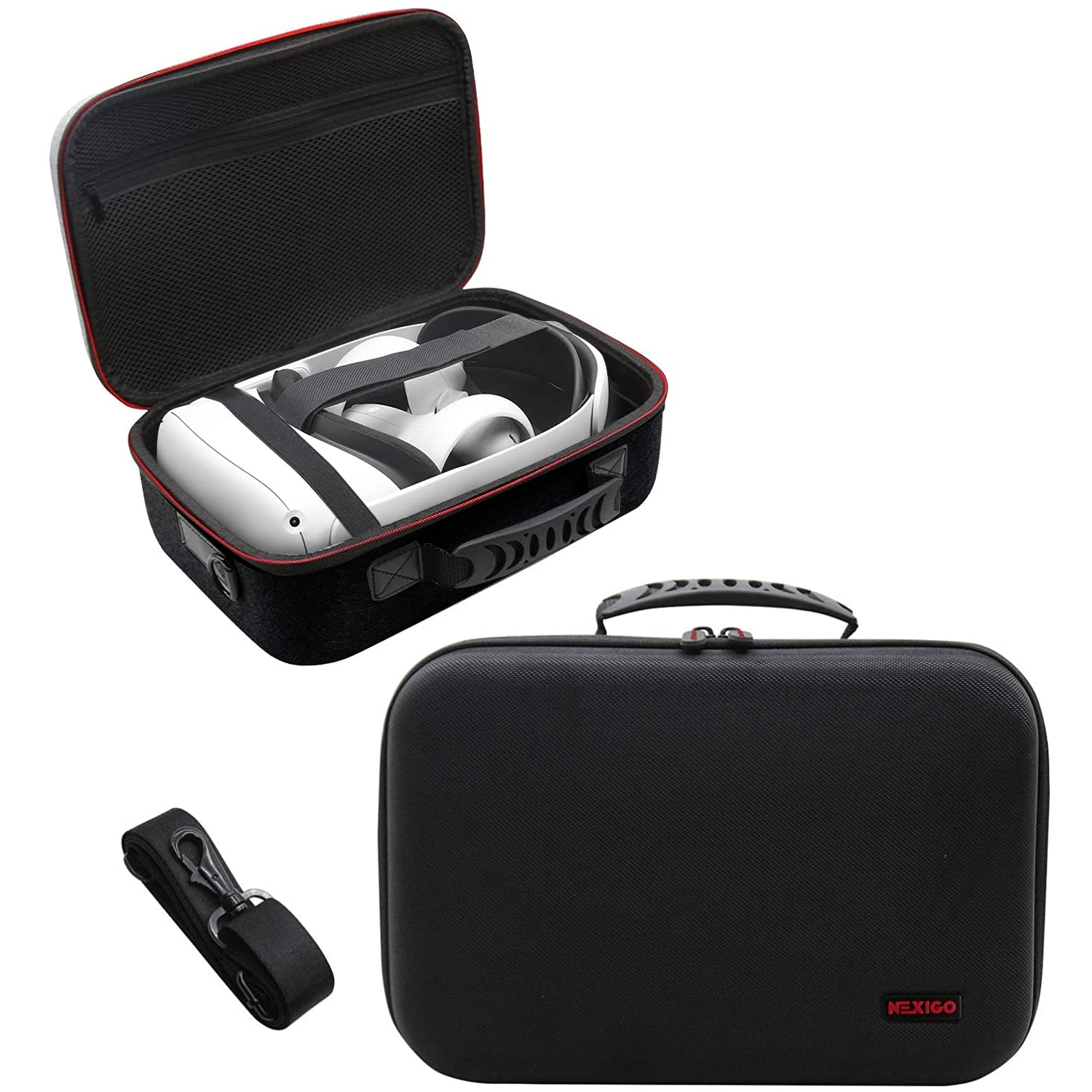 NexiGo Hard Carrying Case for Oculus Quest 2 and 3 with Elite Strap, All-in-one, Lightweight, VR Gaming Headsets and Controllers Accessories, Hard Protective Travel Case with Shoulder Strap (Black)