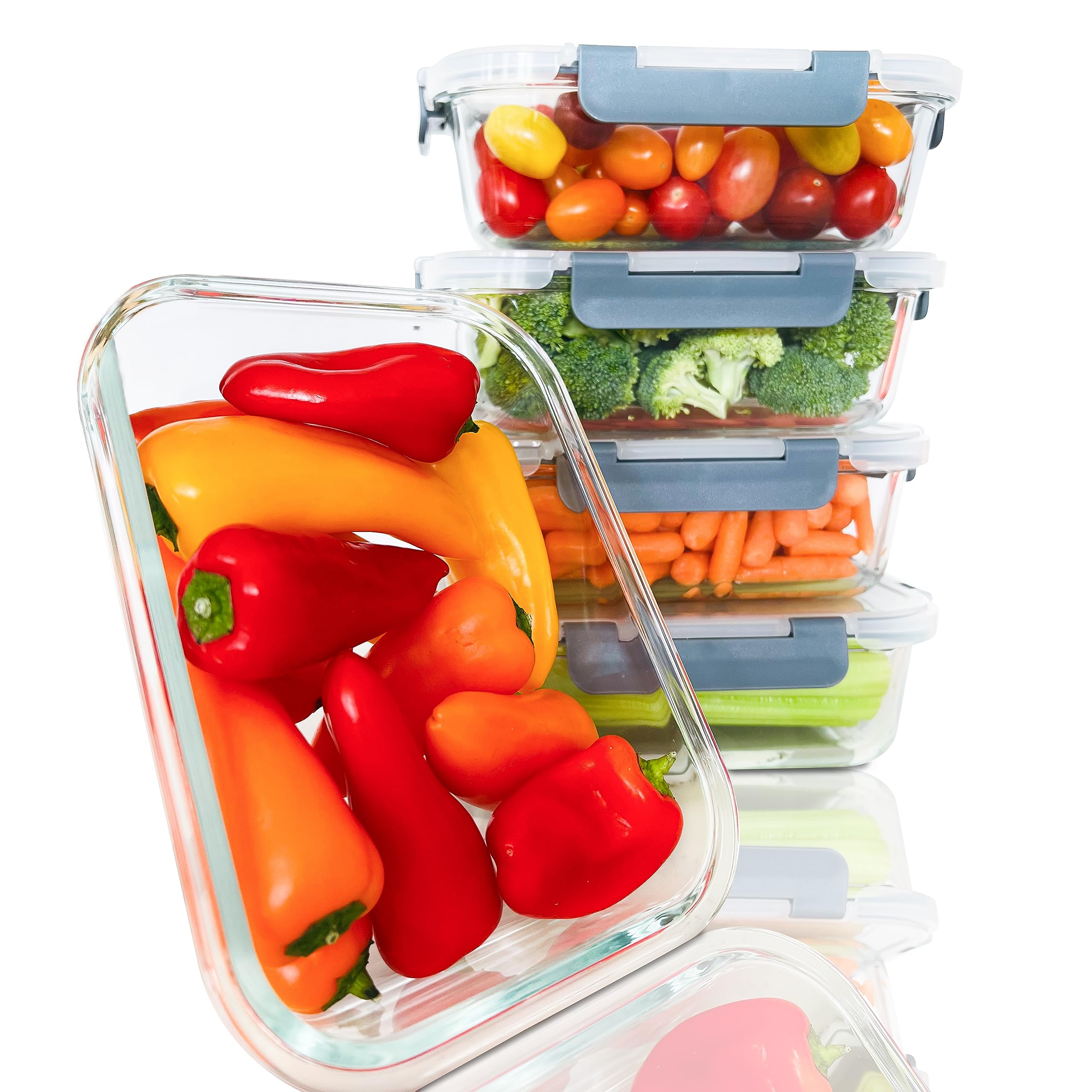 KOBWER 5 Pack 36 oz Glass Meal Prep Containers with Lids BPA Free Microwave Oven Dishwasher & Freezer Safe Airtight Durable Leak Resistant Stackable