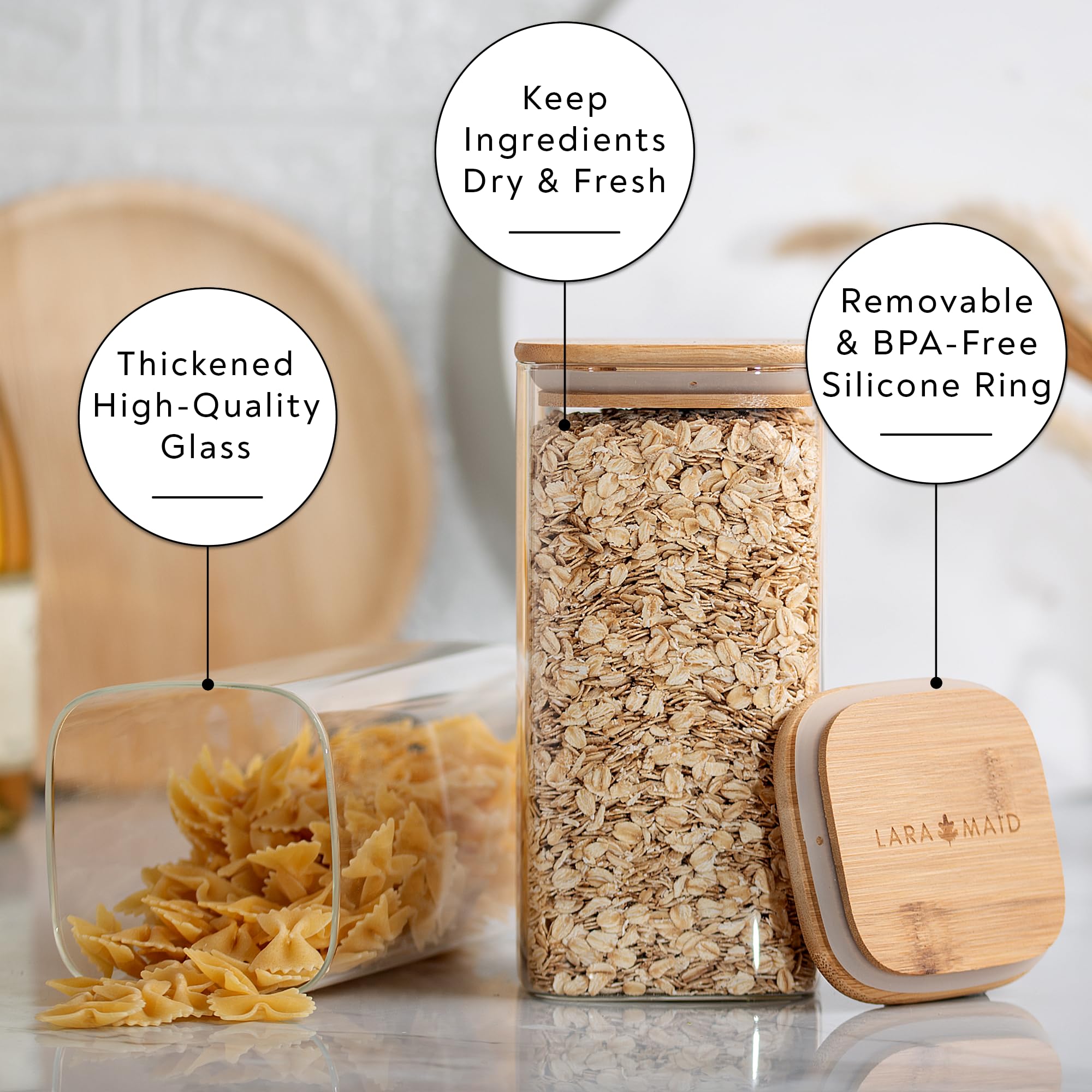 Laramaid 71oz 3Packs Glass Jars Set, Square Pantry Jars with Bamboo Lids and Black Silicone Bottom Protector, Black Labels and White Pen, Food Storage Containers for Home, Kitchen and Pantry