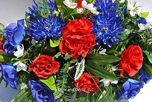 Summer Patriotic Cemetery Flowers with Red Roses, Blue Spider Mums, Blue Roses, and White Forget-me-nots headstone saddle arrangement
