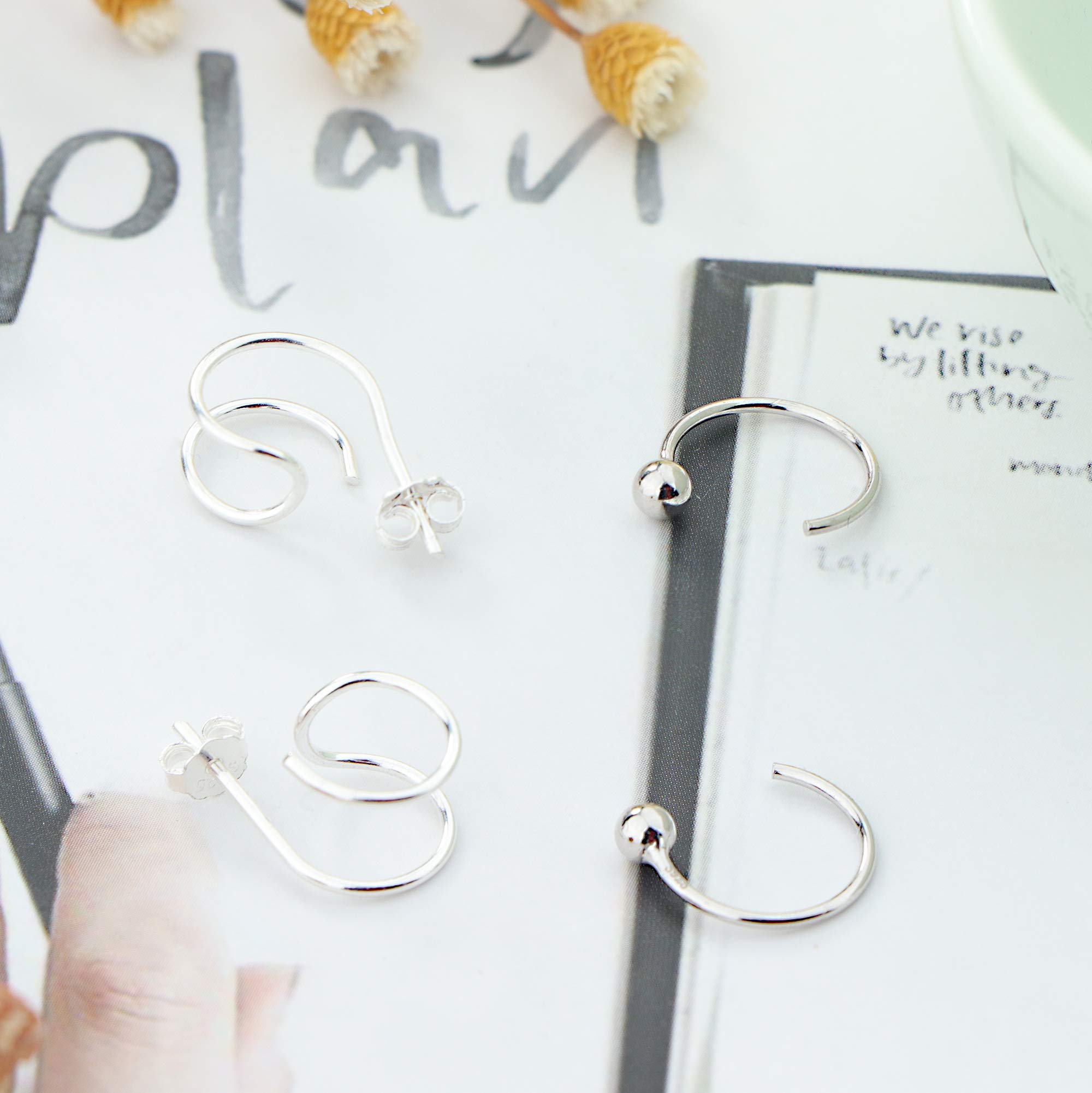 Milacolato 2Pairs 925 Sterling Silver Huggie Half Earrings 3mm Ball Double Hoop Tiny Nose Lobe Cartilage Helix Piercing Set for Women