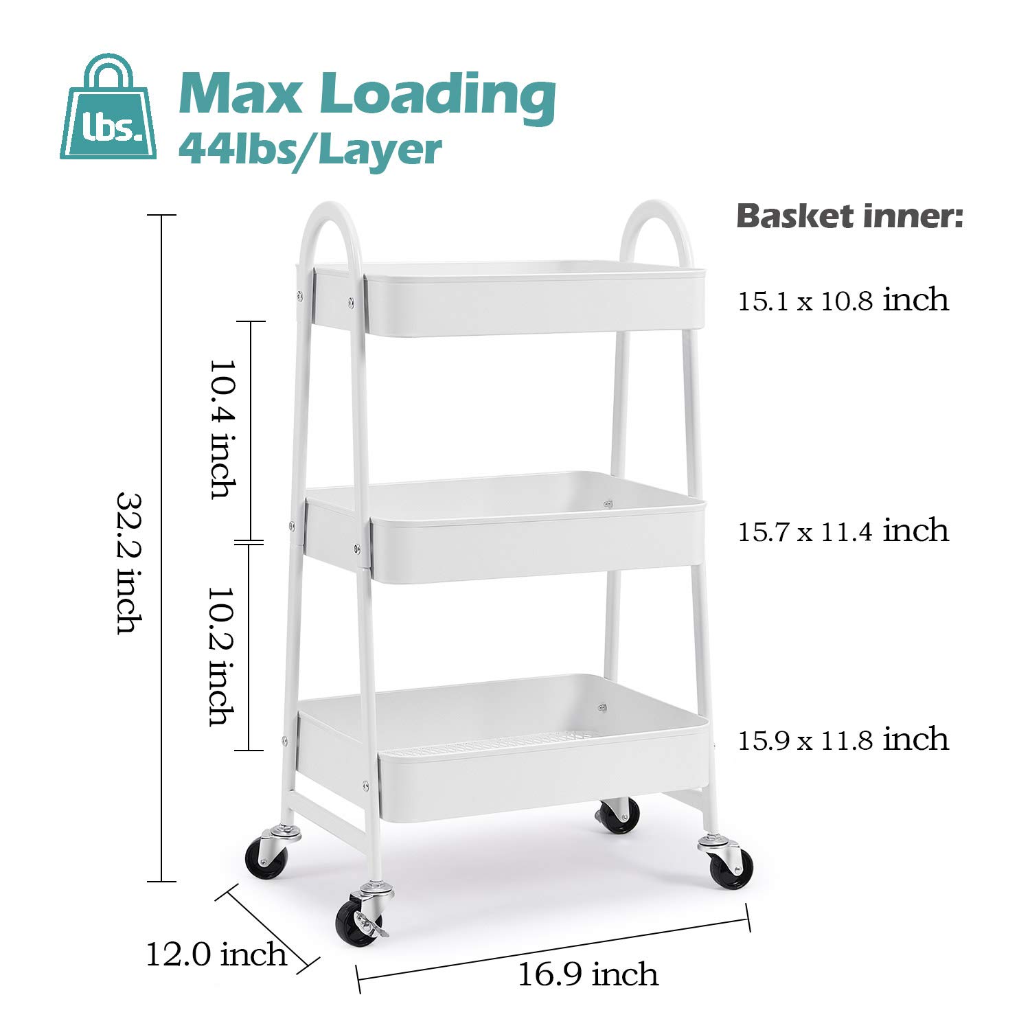 KINGRACK 3-Tier Rolling Cart, White, Sturdy Steel Frame, Easy Assembly, 3 Large Baskets, Ideal for Office, Kitchen, Bathroom Storage