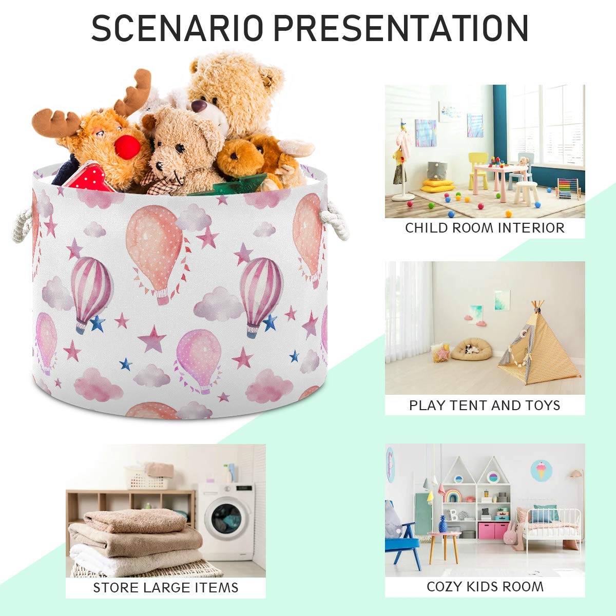 Laundry Basket 50L Waterproof Storage Collapsible Hamper Toy Basket Canvas Organizer Basket with Handles for Bedroom Baby Nursery Clothes-Air Ballon