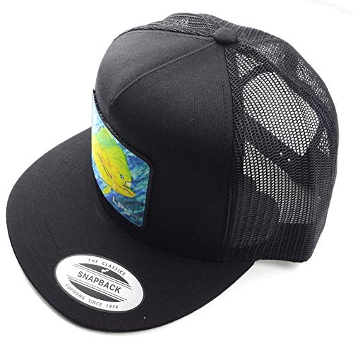 LPG Apparel Co. Mahi Vibes Cali Style Snapback Flat Brim Fishing Art Patch Series Baseball Hat Black, Large