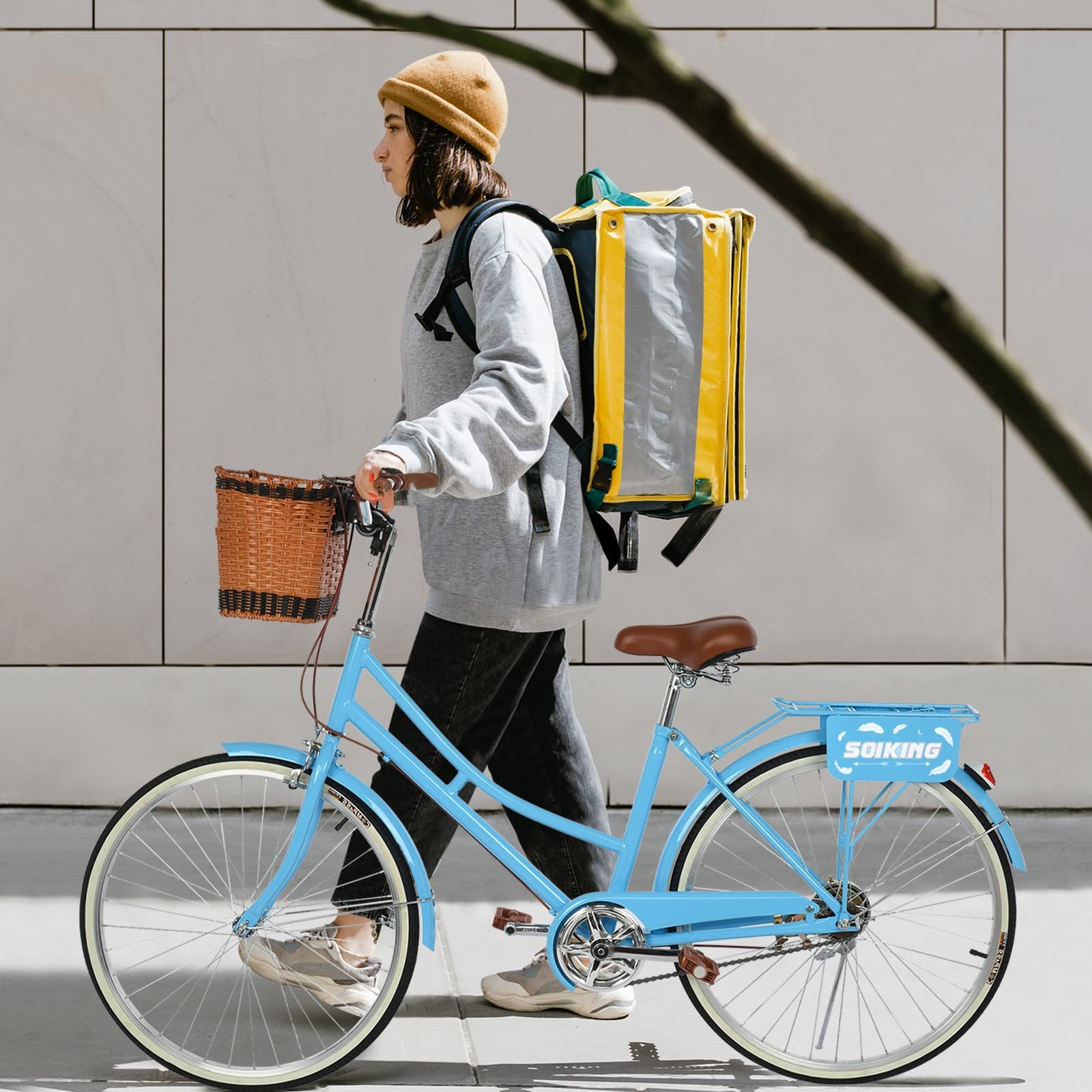 Sky Blue Women's Cruiser Beach Bike, Leisure Bikes, Urban Road Bicyle, Single-Speed, 26inch Wheels, with A Detachable Basket, Rear Frame