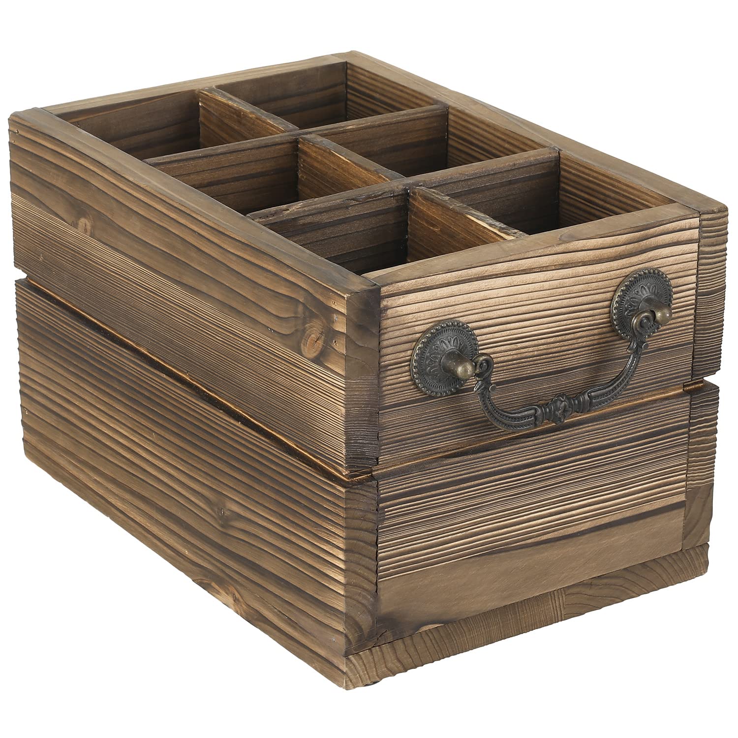 MyGift Rustic Burnt Wood Flatware Holder and Utensil Caddy Storage Carrier with 6 Slots and Vintage Metal Side Handles
