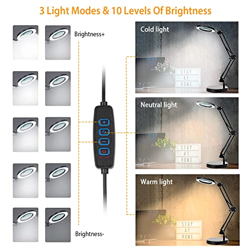 Magnifying Glass With Light And Stand, Moclever 8x Magnifying Lamp, 2-In-1 Desk Lamp & Clamp,Craft Lamp With 10 Brightness 3 Modes, Led Lighted Magnifier With Light For Close Work Reading Repair Craft