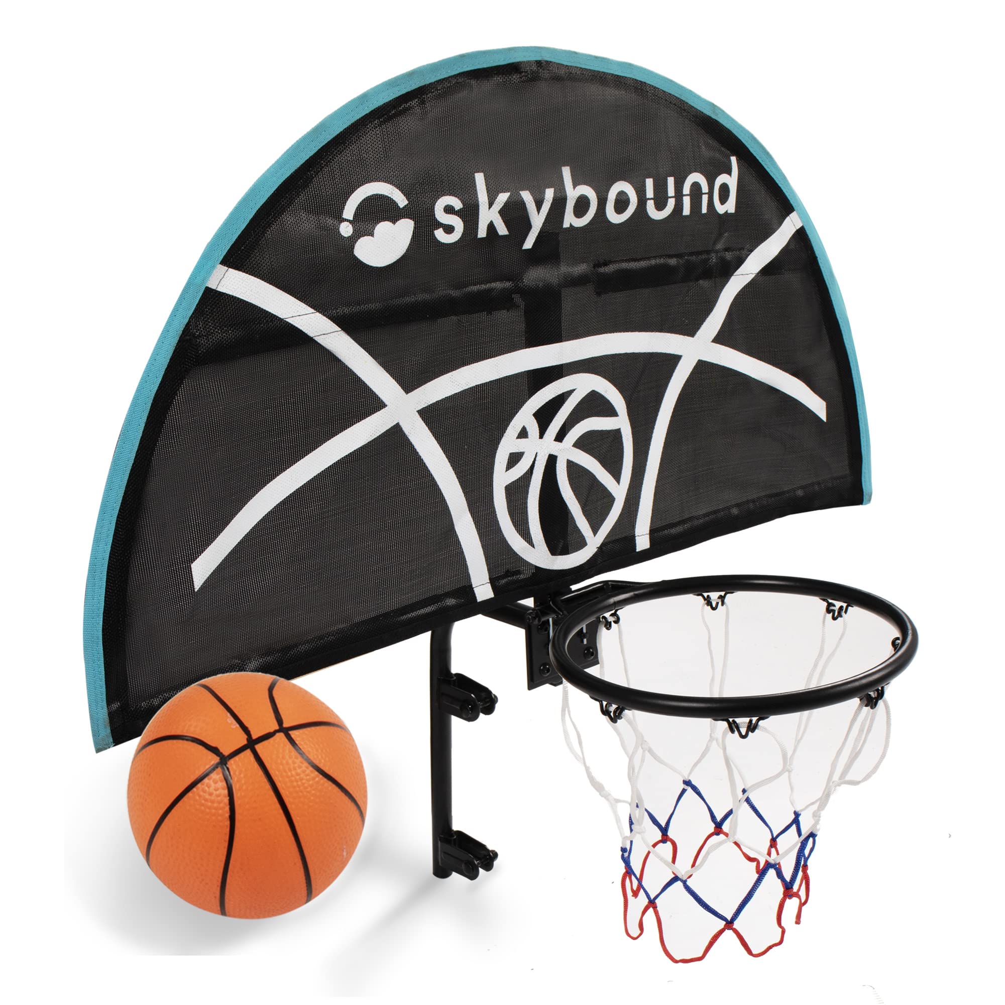 SkyBound Trampoline Basketball Hoop Attachment with Mini Basketball and Pump - Compatible with All Trampolines - Fits for Straight Pole - Safety Hardware - Easy to Assemble