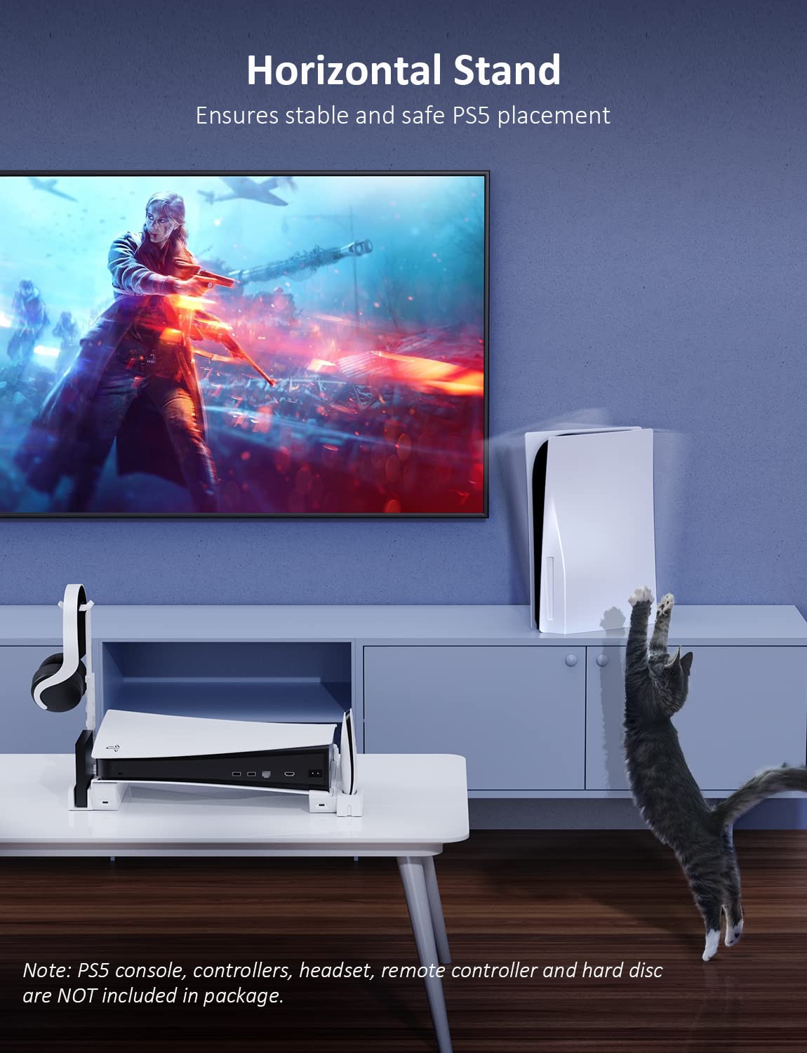 NexiGo PS5 Horizontal Stand Modular System, [Minimalist Design], Base Stand with Headset Holder, Hard Drive and Media Remote Slots, Compatible with PlayStation 5 Disc & Digital Editions