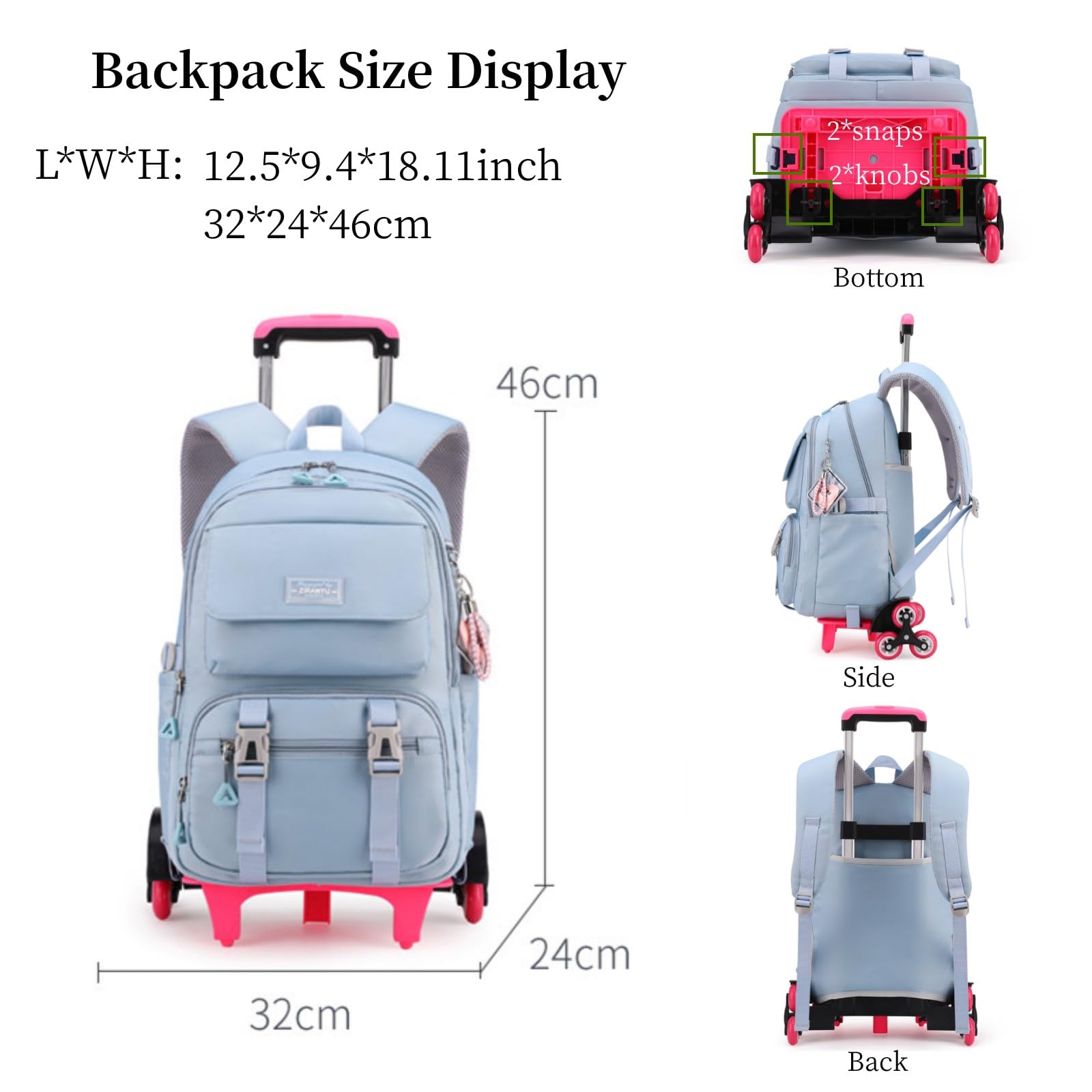 MITOWERMI Black Rolling Backpack for Boys Girls Trolley School Bags Elementary Middle Kids Bookbags with Wheels