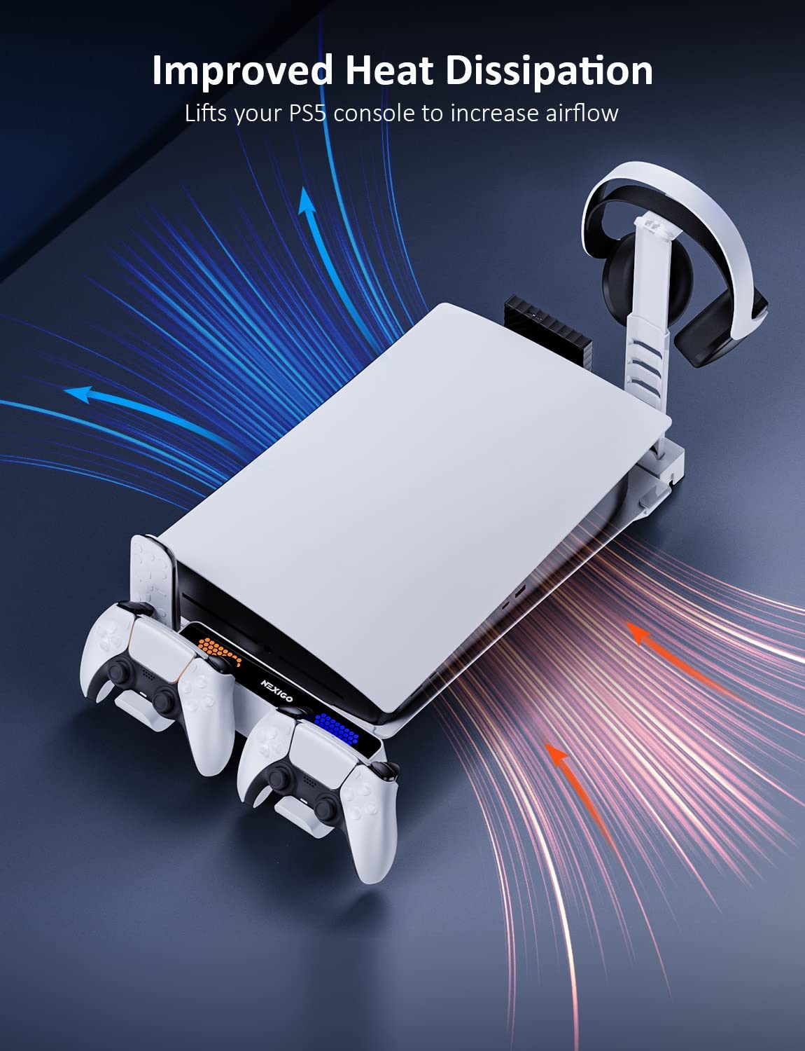 NexiGo PS5 Horizontal Stand Modular System, [Minimalist Design], Dual Controller Chargers, Hard Drive and Media Remote Slots, Base Stand with Headset Holder, for Playstation 5 Disc & Digital Editions