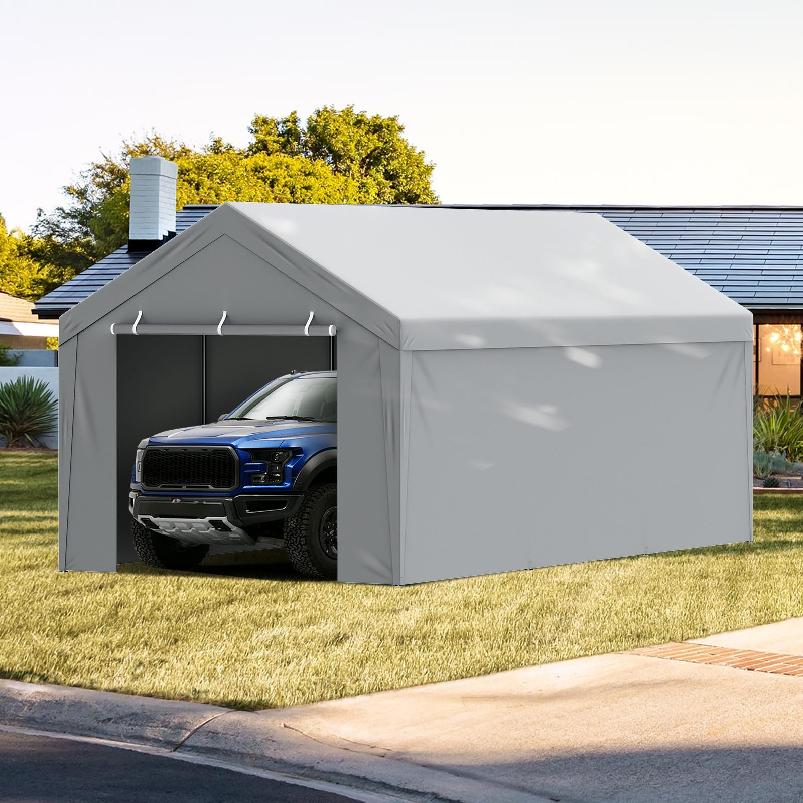 VEVOR Carport Replacement Canopy Cover Top + Side Wall 10 x 20 ft, Garage Tent Shelter Tarp Heavy-Duty Waterproof & UV Protected, Easy Installation with Ball Bungees,Grey (Frame Not Included)