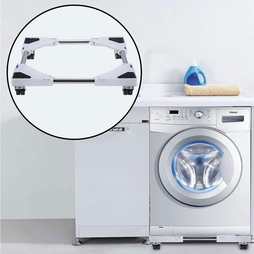 LUCKUP Washing Machine Stand Adjustable Dolly with 4 Locking Rubber Swivel Wheels Movable Refrigerator Base Multi-Functional Mobile Base for Washer, Dryer and Fridge, White
