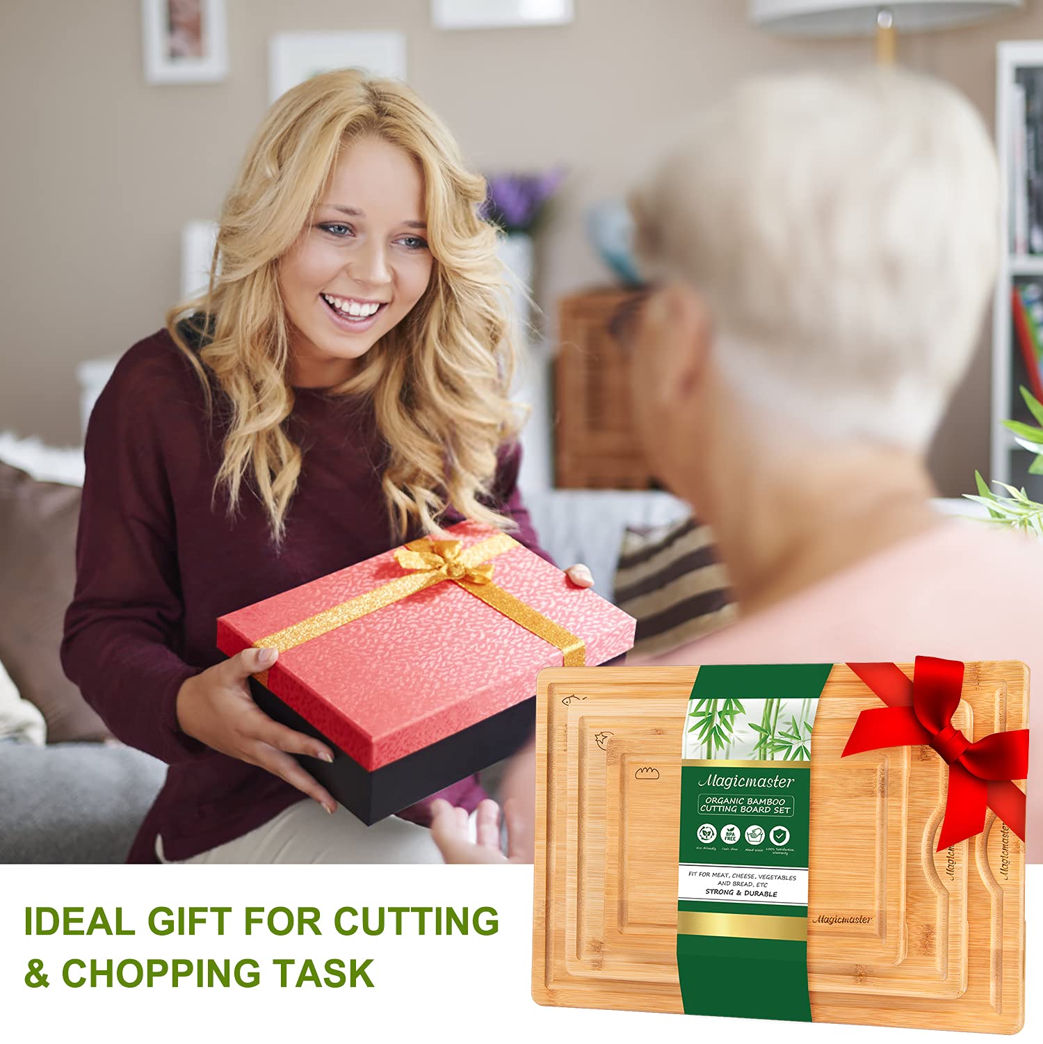 Magicmaster Bamboo Cutting Board, 3 Pcs Wood Cutting Boards for Kitchen, Wood Cutting Board Set with Juice Groove, Chopping Board for Meat Fruits Cheese and Vegetables