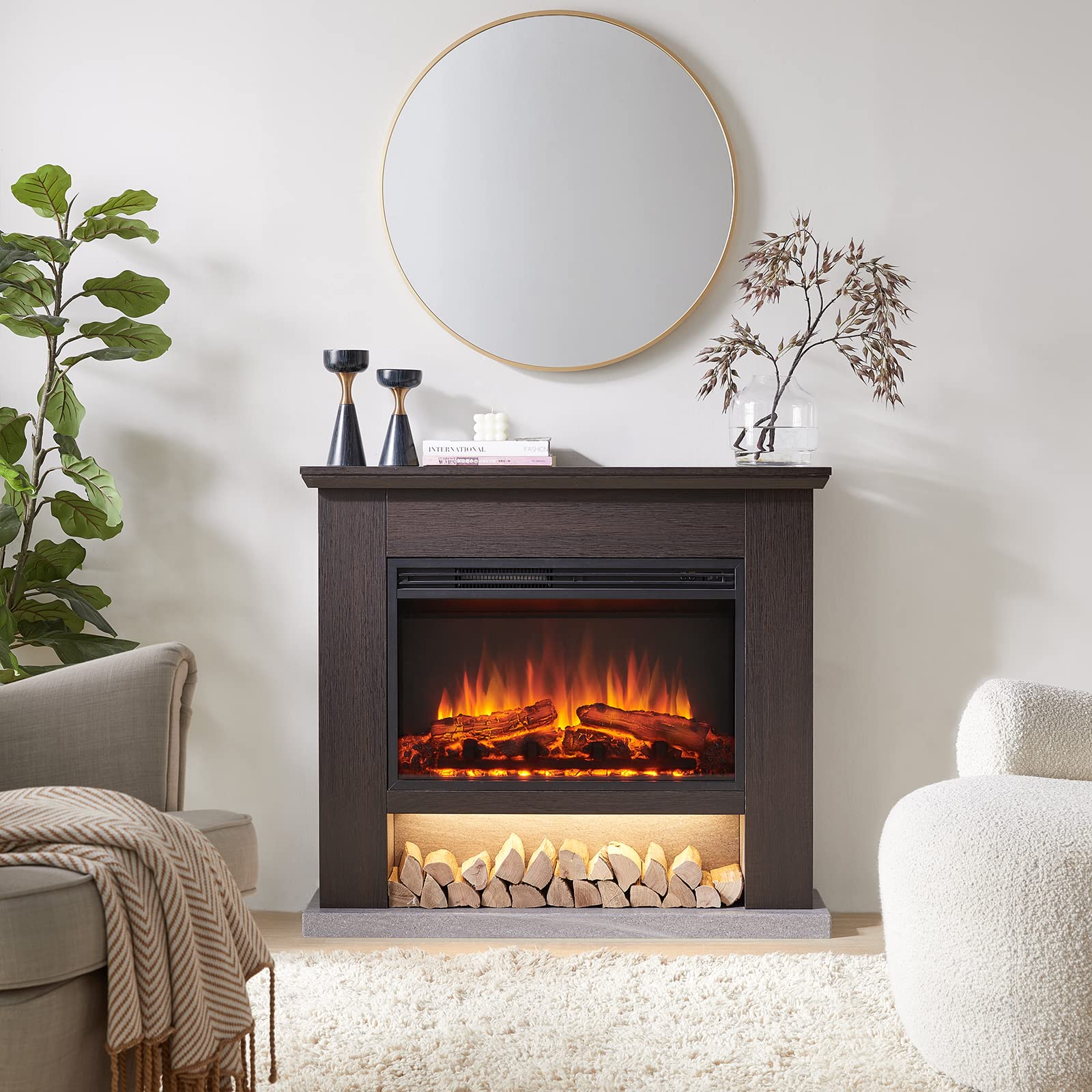 LegendFlame® Camille Electric Fireplace with 39.5" Mantel Surround and Jaden 27" Insert, Natural Oak Finish