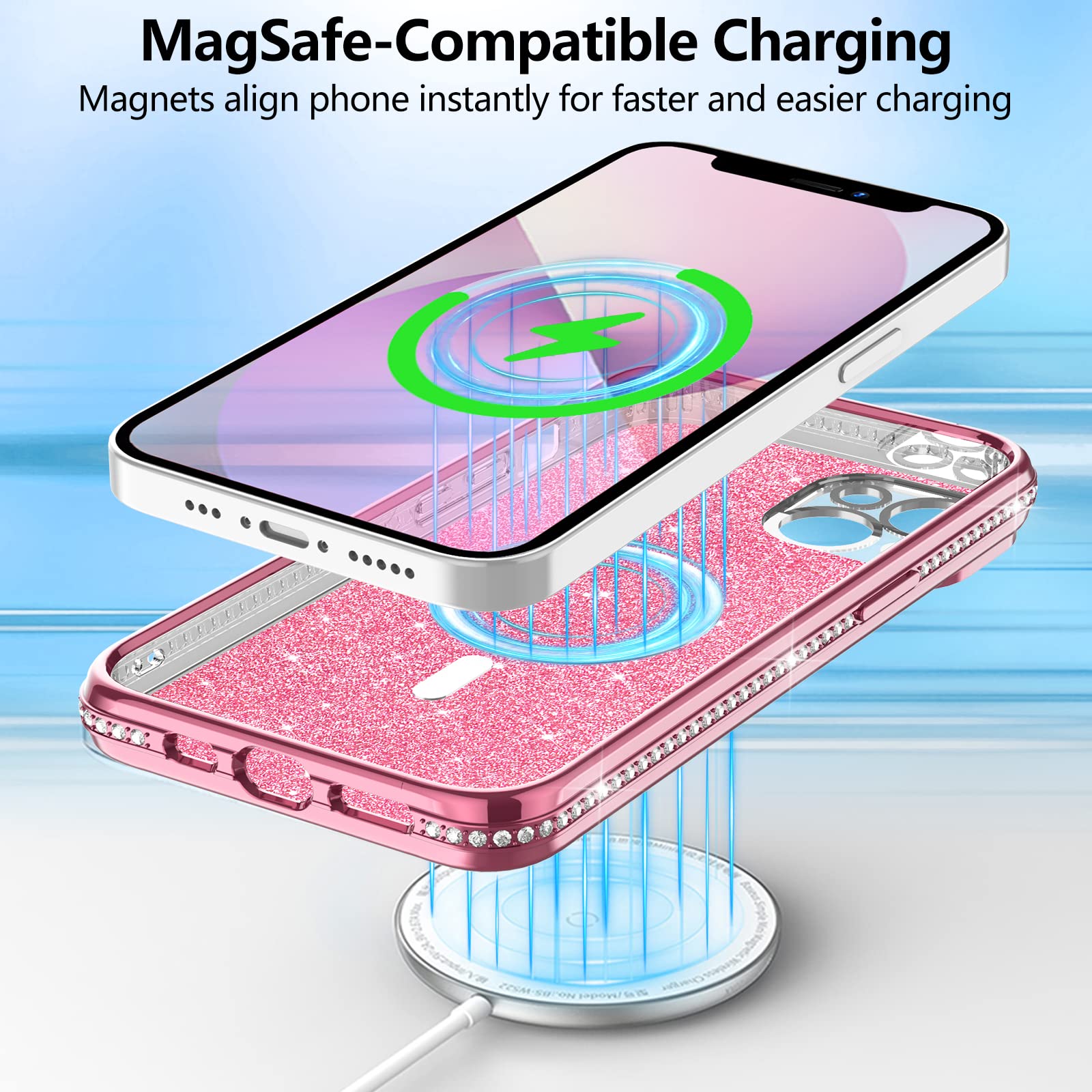 oleevee Glitter Magnetic Case for iPhone 13 Case, with Wrist Strap, Diamond Camera Cover, Sparkle Shockproof Protective iPhone 13 Case 6.1 inch for Women Girls, Pink