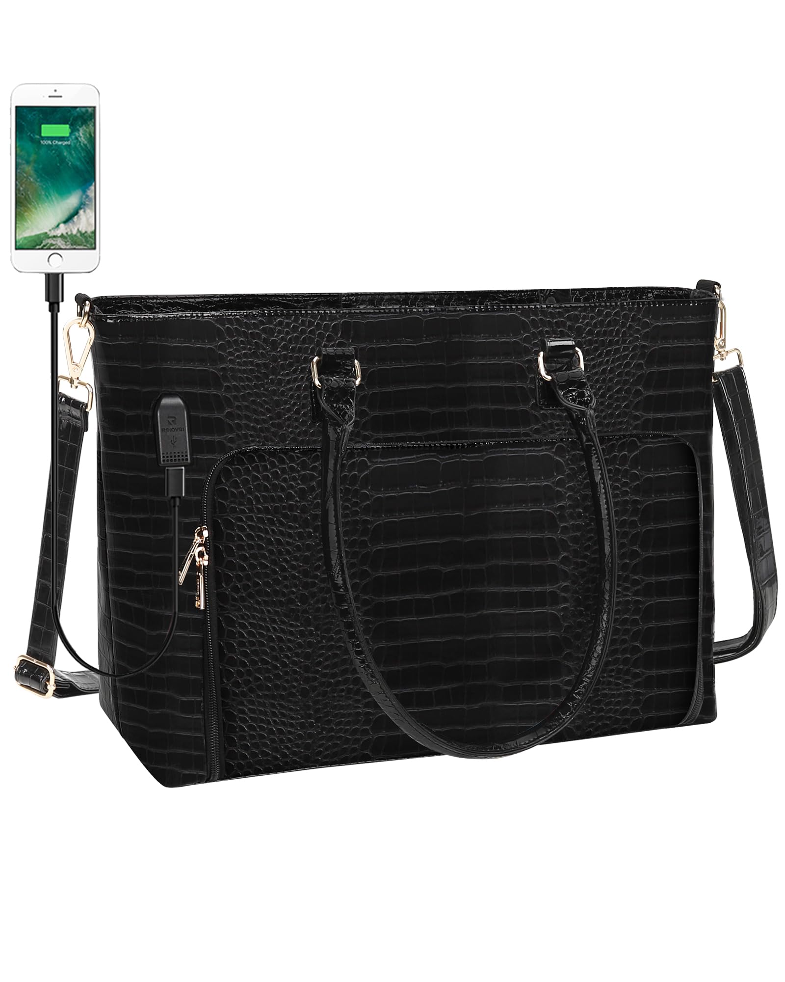 Laptop Tote Bag for Women 17.3 Inch Waterproof Leather Large Laptop Bag Business Office Work Briefcase Stylish Computer Bags Handbag Satchel Shoulder Bag with USB Charging Port