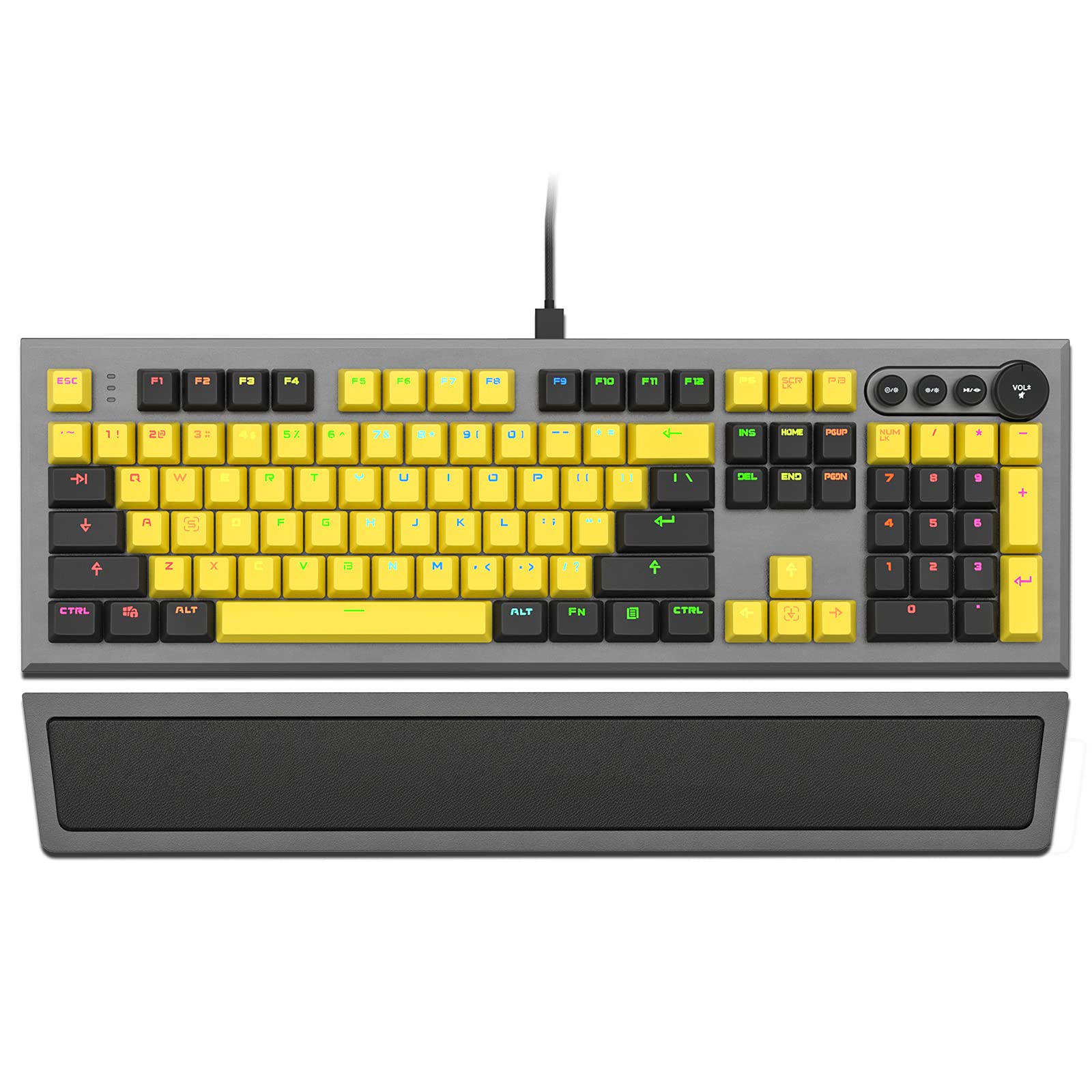 Mechanical Gaming Keyboard, PowerLead Wired Keyboard Rainbow RGB Backlit with Detachable Leather Wrist Rest, Programmable Settings with N-Key Flip, for Windows PC/MAC Games (104 Keys, Blue Switch)