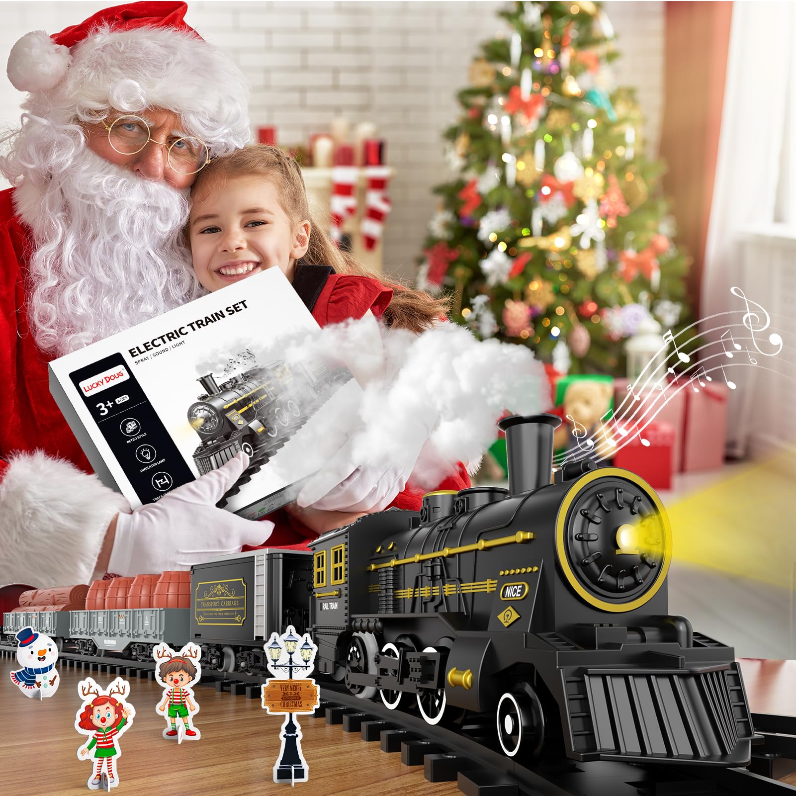 Lucky Doug Train Set Toys for Kids, Toys Train Sets for Kids Smokes, Light & Sound Include 5 Car and 22 Tracks, Train Toys for 3 4 5 6 Year Old Boys