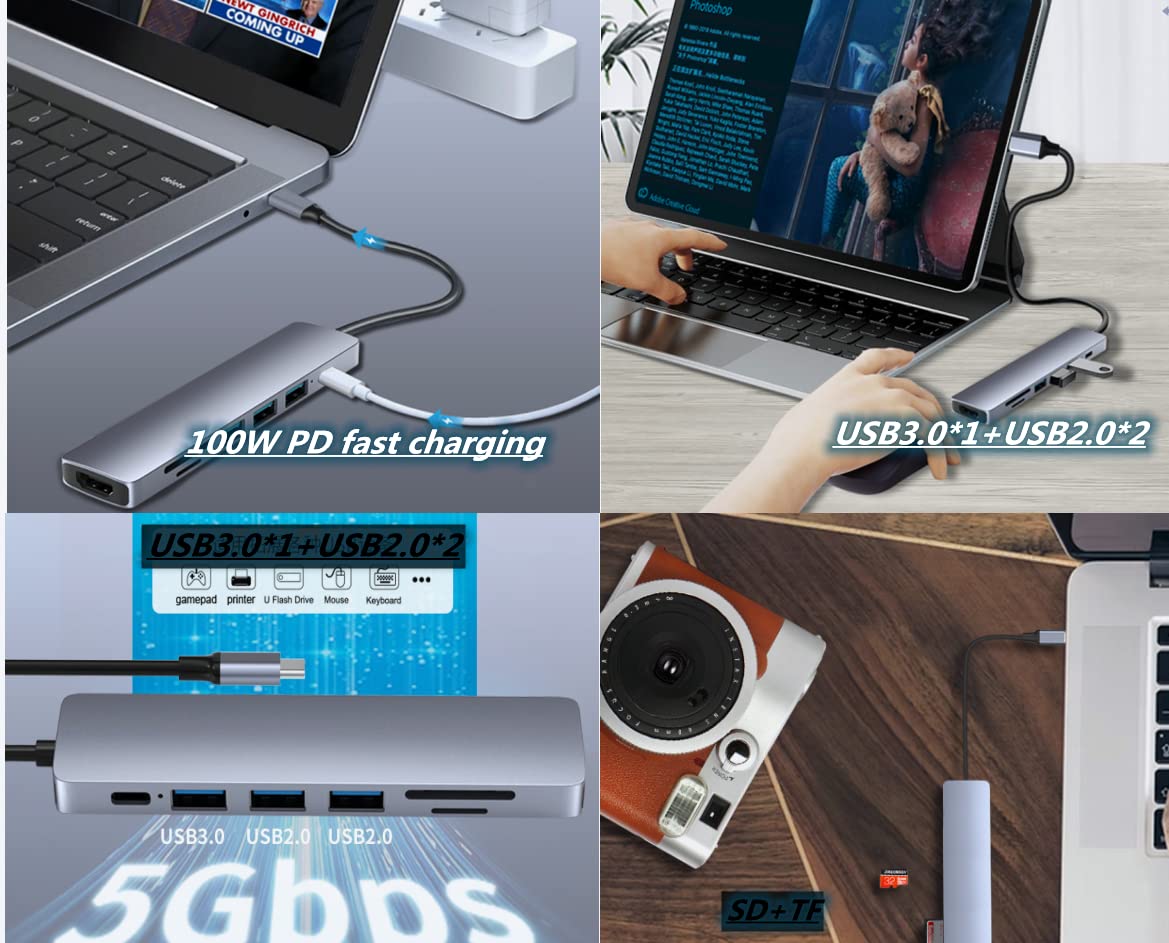 USB C Hub,7 in 1 USB C to HDMI Multport Adapter,Compatible for MacBook Pro, Chromebook, XPS, and USB C Devices (4K HDMI+100W PD+USB3.0 +USB2.0 * 2+SD/TF Card Reader)