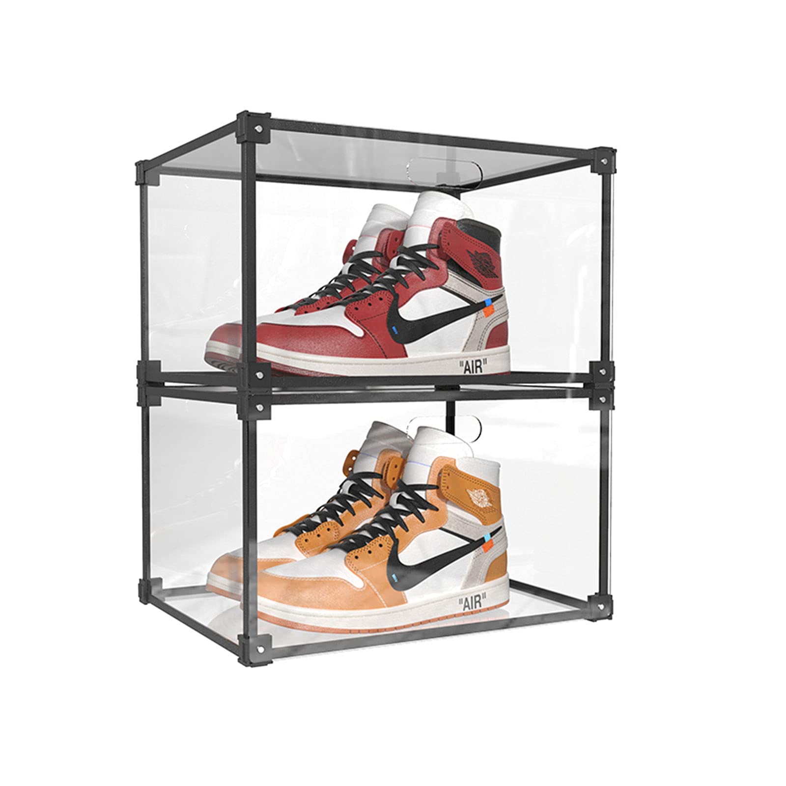 Mivnue Drop Front Shoe Display Case Shoes Box Stackable Storage Sneaker Box Side-Open Shoe Container Transparent Plastic Shoes Organizer Displaying Boxes Drawers (Black, 2)