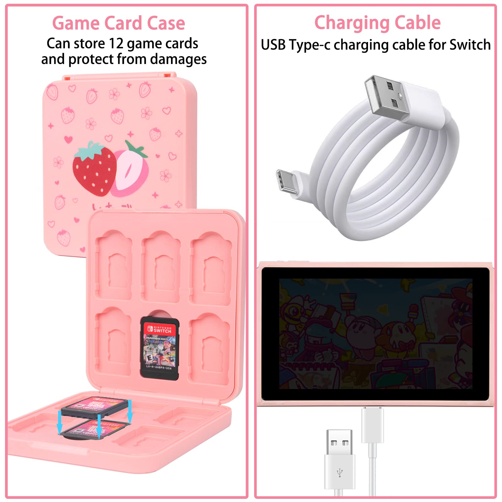 TIKOdirect Carrying Case for Nintendo Switch, Cute Portable Travel Case 8 in 1 Accessories with Protective Case, Screen Protectors, Stand, Game Card Case and Thumb grip caps, Strawberry