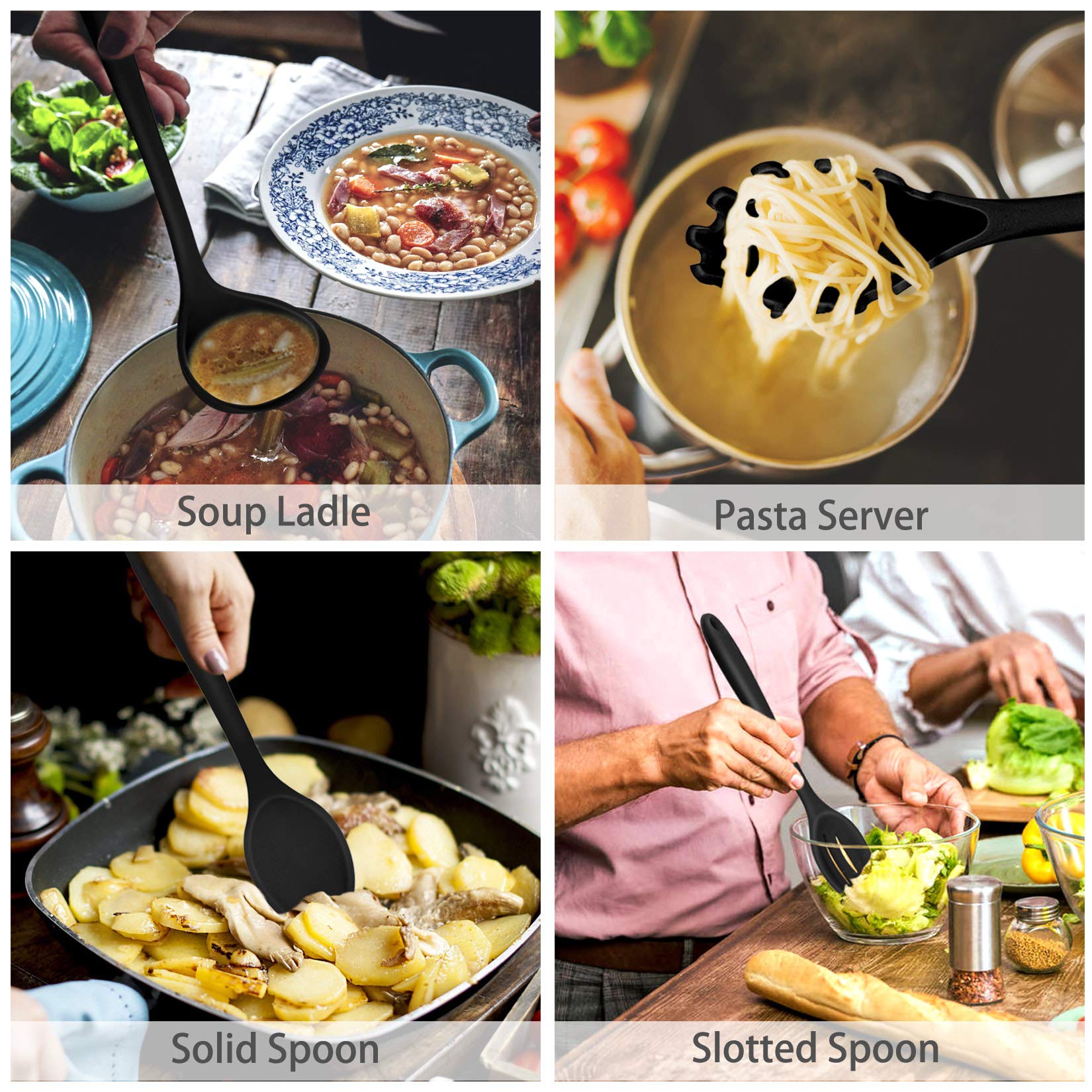 Kitchen Cooking Utensils Set of 7, P&P CHEF Heat-proof Cooking Utensil Kitchen Spatula for Nonstick Cookware Cooking Serving, Slotted Turner, Soup Ladle, Spatula, Pasta Server, Spoon - Black