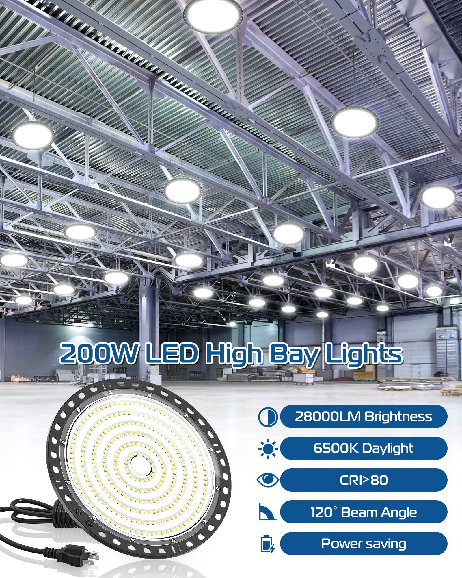 XINGHUANLIT UFO LED High Bay Light 200W 10 Pack, 28000LM High Bay LED Shop Lights 6500K Daylight IP65 Waterproof Commercial Bay Lighting with 6.56ft Plug, UFO Lights for Garage Warehouse Factory
